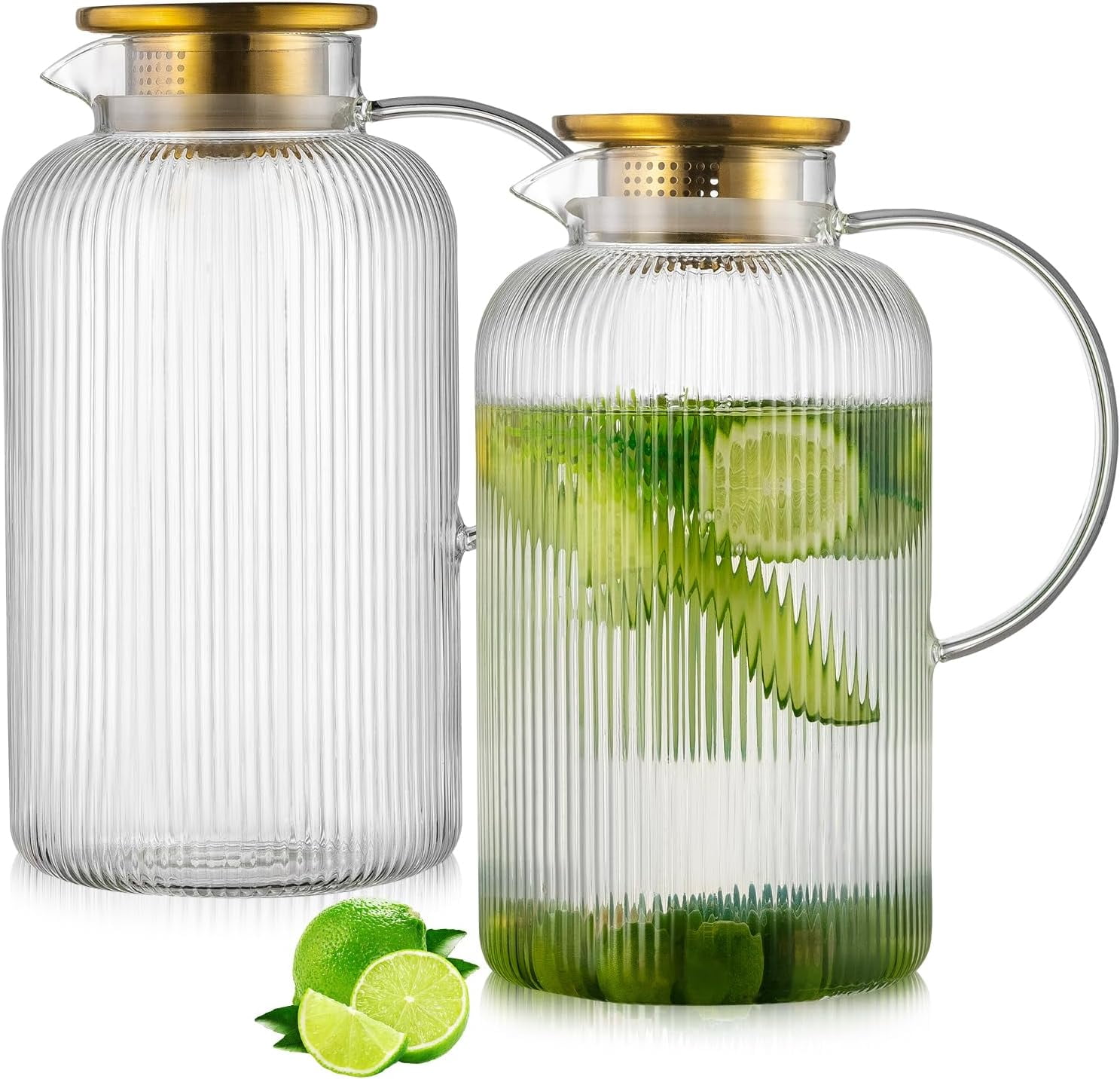 2 PACK Glass Pitcher with Lid, 68 oz/ 2 Liter Classic Vertical Stripes ...