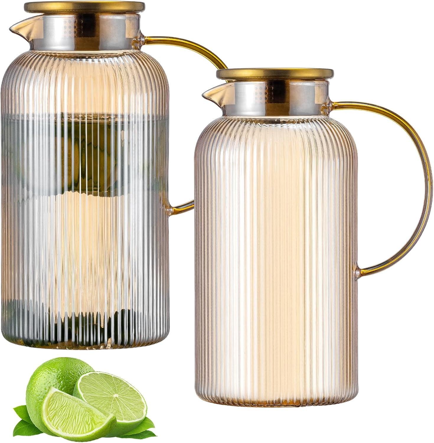 2 PACK Glass Pitcher with Lid, 68 oz/ 2 Liter Classic Vertical Stripes ...