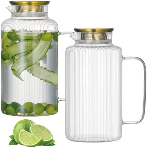 2 PACK Glass Pitcher with Lid And Handle, 84oz/2.5L Liter Classic ...