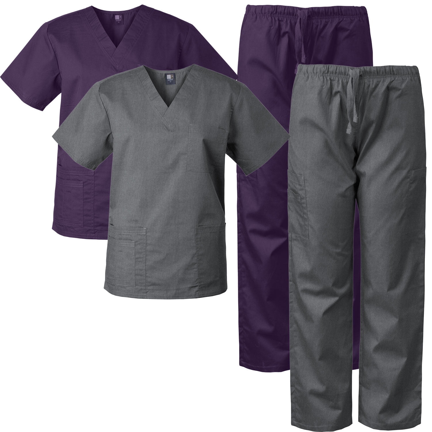 Medgear 2-Pack Scrubs Set for Men and Women, V-neck Top and Cargo Pants ...