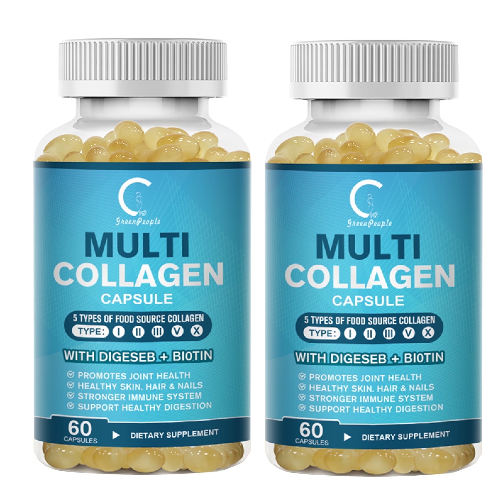 (2 PACK) Multi Collagen Pills 5000mg, Types I, II, III, V & X for Hair ...