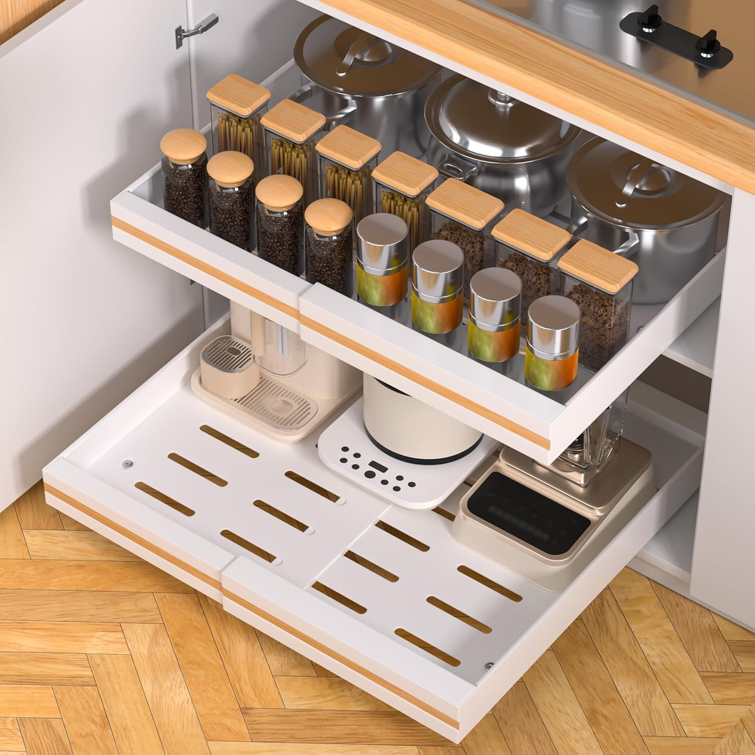 2 PACK Pull Out Cabinet Organizer 21" DEEP|Metal Heavy Duty Slide Out Drawers Fixed with Nano ...