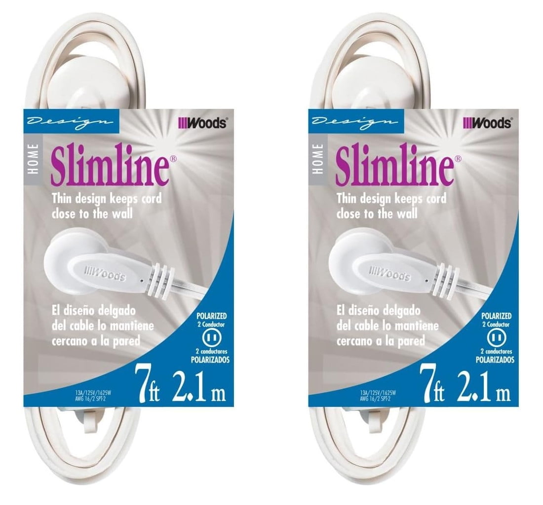 Woods Slimline 2236 Extension Cord, 7ft, White, 2-Pack, Flat Plug ...