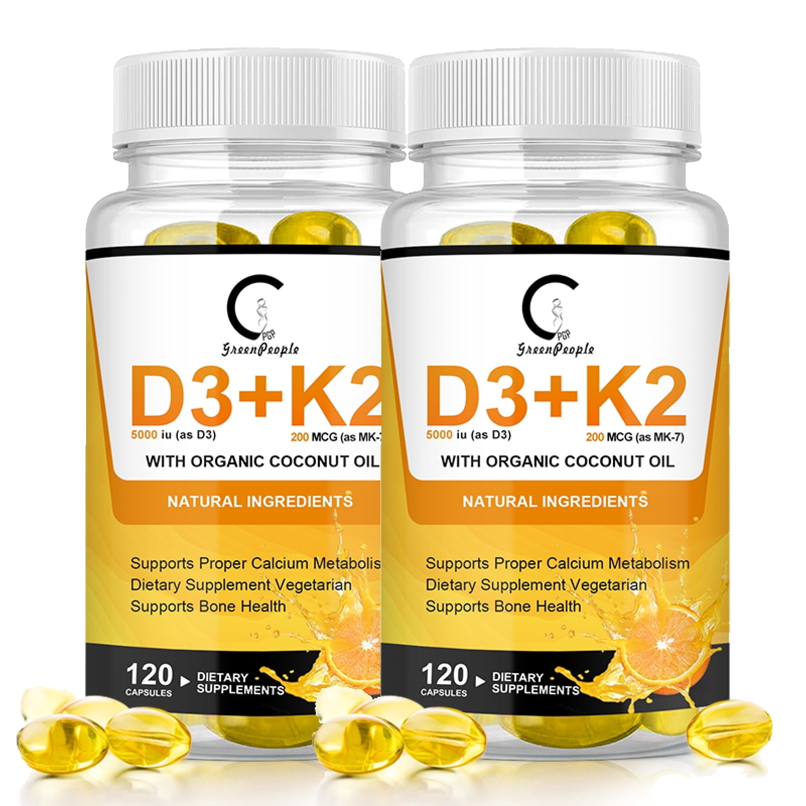 (2 PACK) Vitamin D3+K2 Capsules, Vitamin D3 5000 IU and Vitamin K MK7 200mcg for Support Immune ...