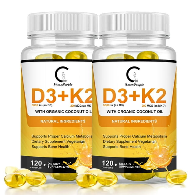 (2 PACK) Vitamin D3+K2 Capsules, Vitamin D3 5000 IU and Vitamin K MK7 200mcg for Support Immune ...
