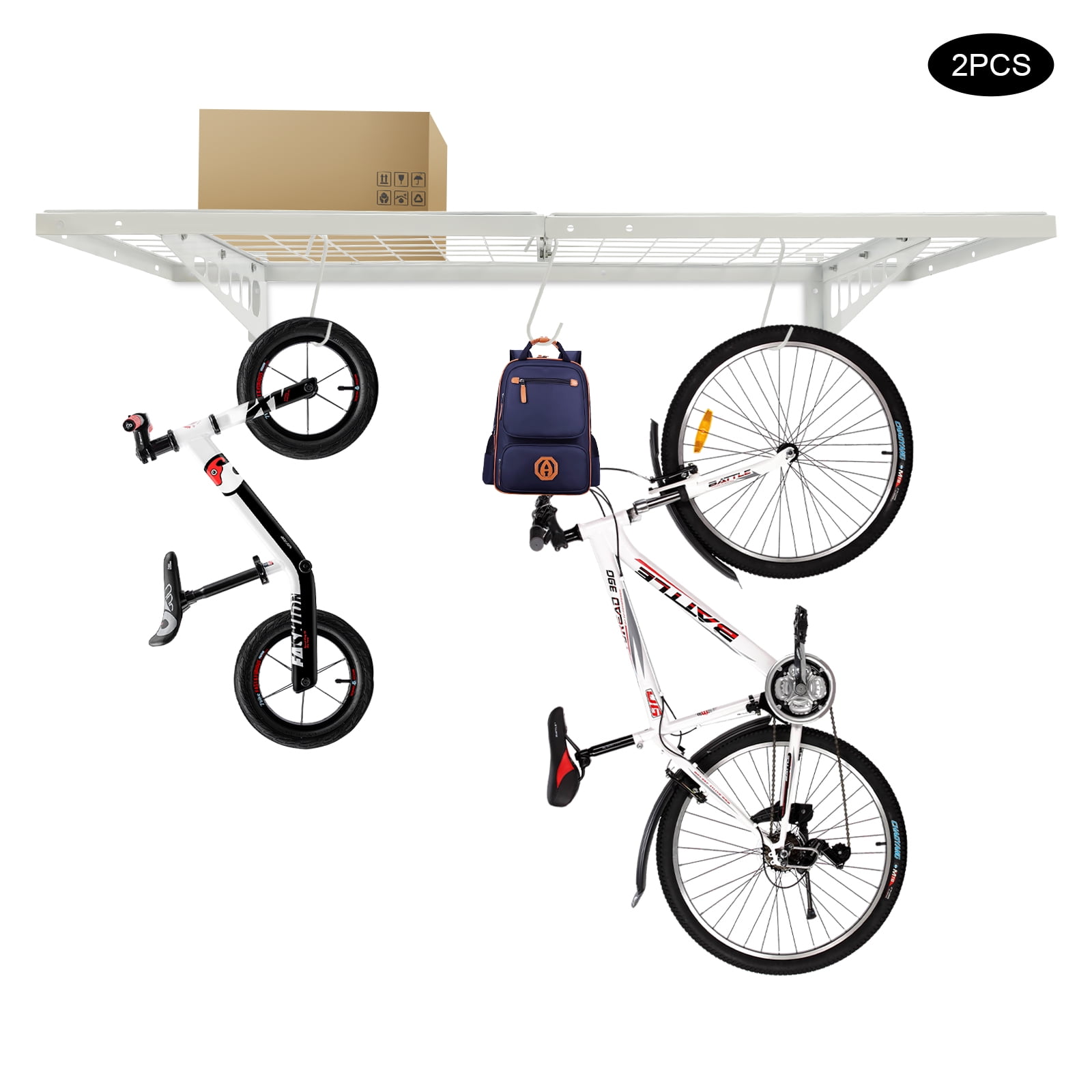 2-PACK Wall Mount White Garage Shelving W/ Hooks,Garage Storage Rack ...