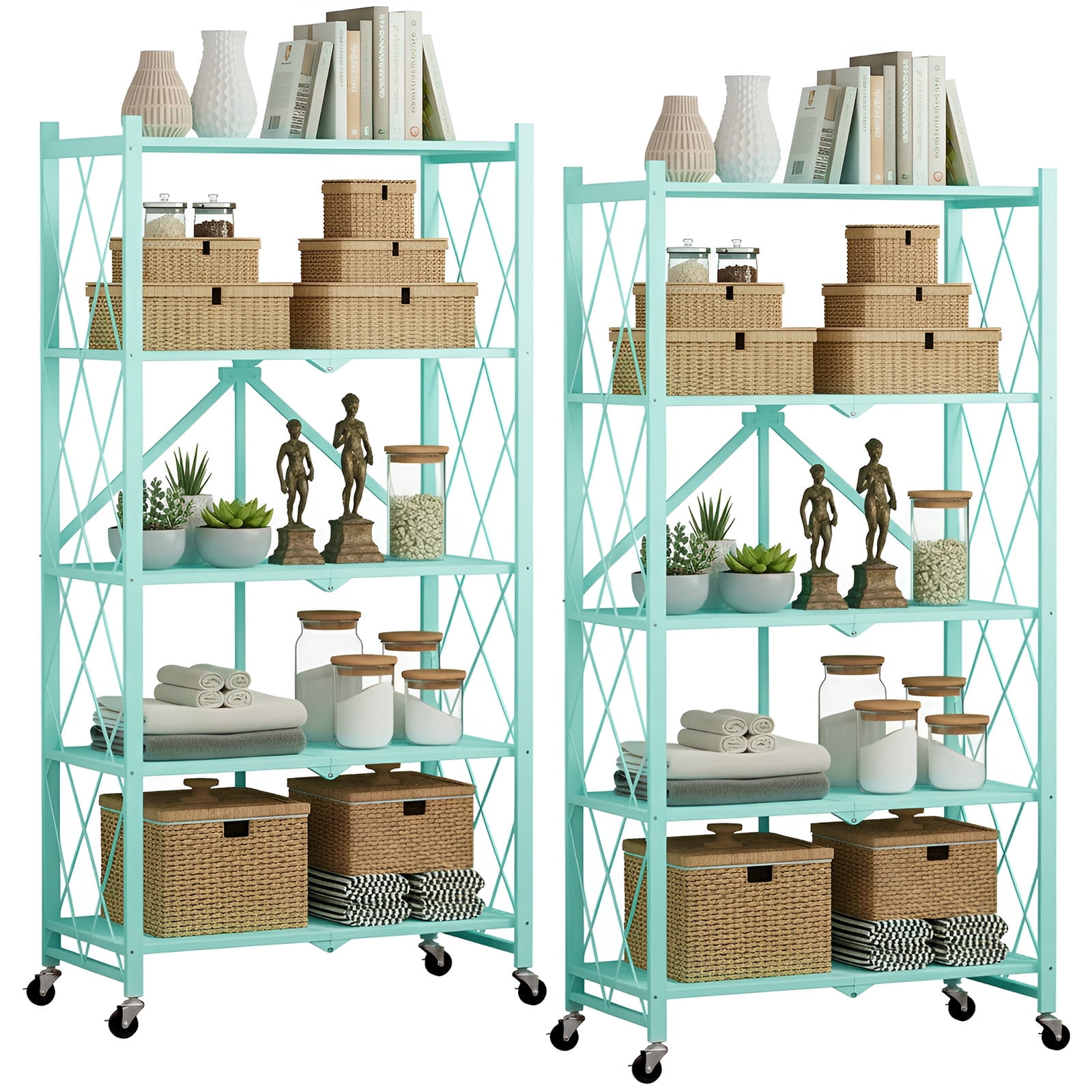 2 PACKS 5 Tier Folding Shelves with Wheels, 28"Lx13"Dx63"H Metal ...