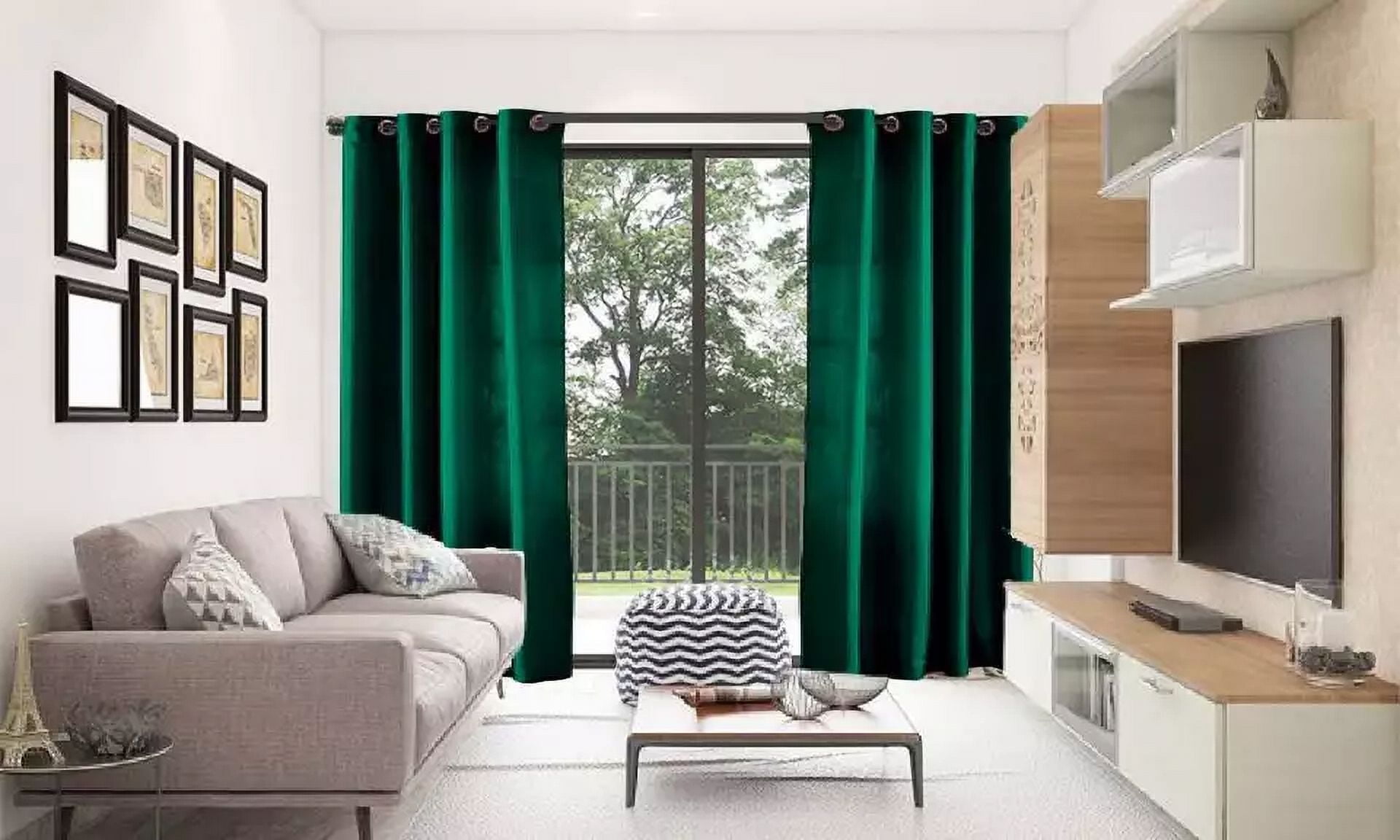 2 PANEL MIRA SOLID HUNTER GREEN SEMI SHEER WINDOW FAUX SILK ANTIQUE BRONZE GROMMETS CURTAIN ...