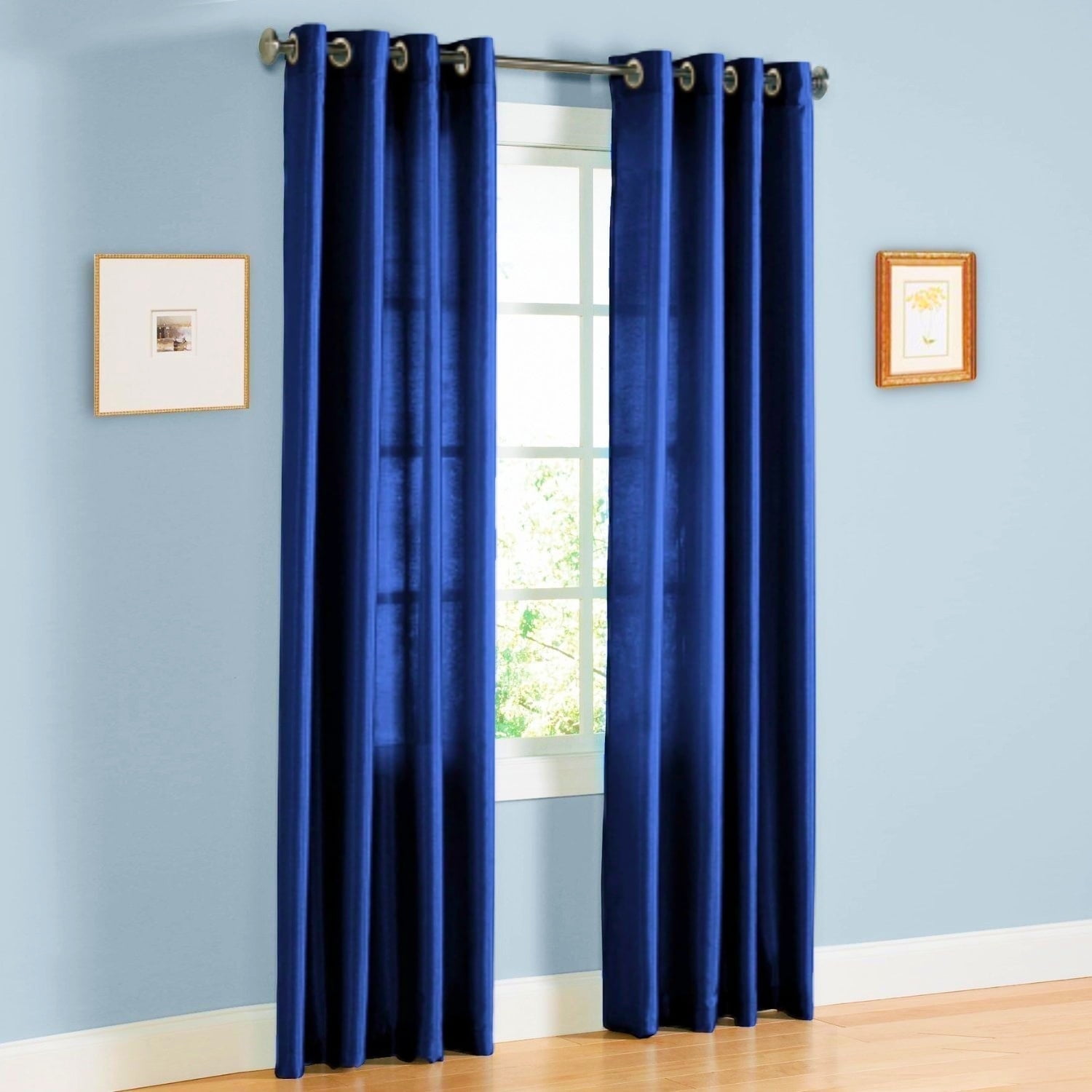 Mira 2 Panel Royal Blue Semi Sheer Faux Silk Curtains, Bronze Grommets ...