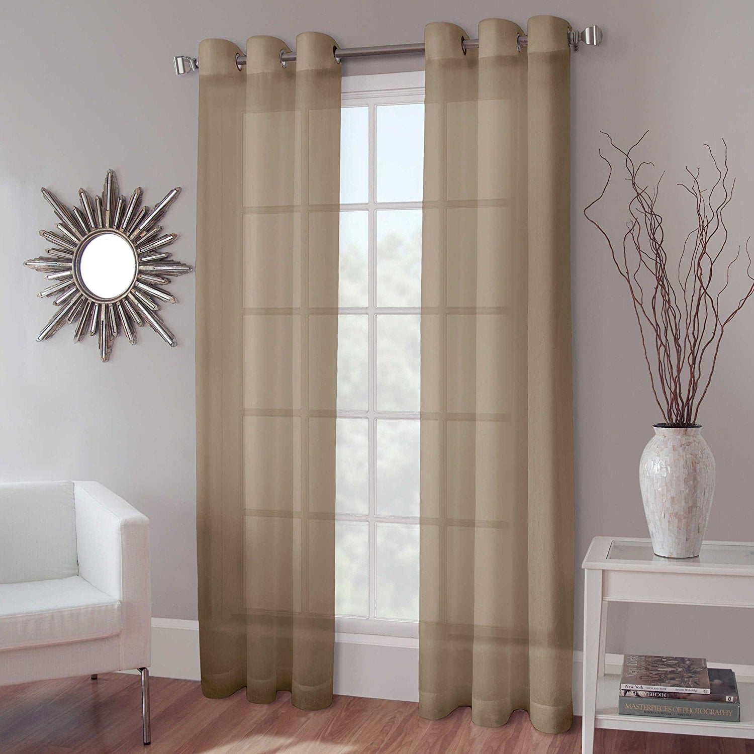 2 PANEL MIRA SOLID TAUPE TAN SEMI SHEER WINDOW FAUX SILK ANTIQUE BRONZE ...