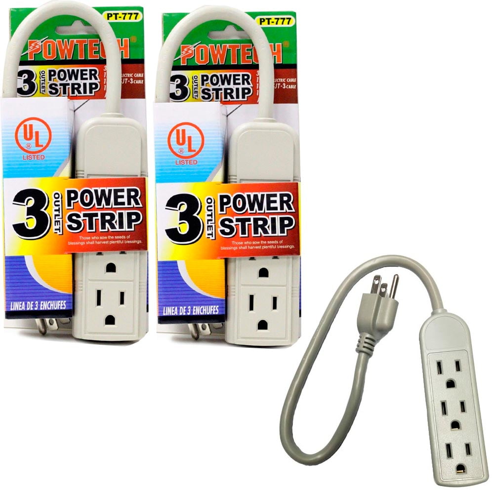 2 PC Extension Cord 3 Outlet Power Strip 13 Amp 125V UL Break Surge ...