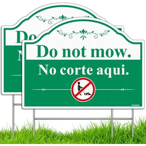 2 PC Do Not Mow Sign Bilingual with Metal Stake, 12.6"x9.5" Corrugated ...
