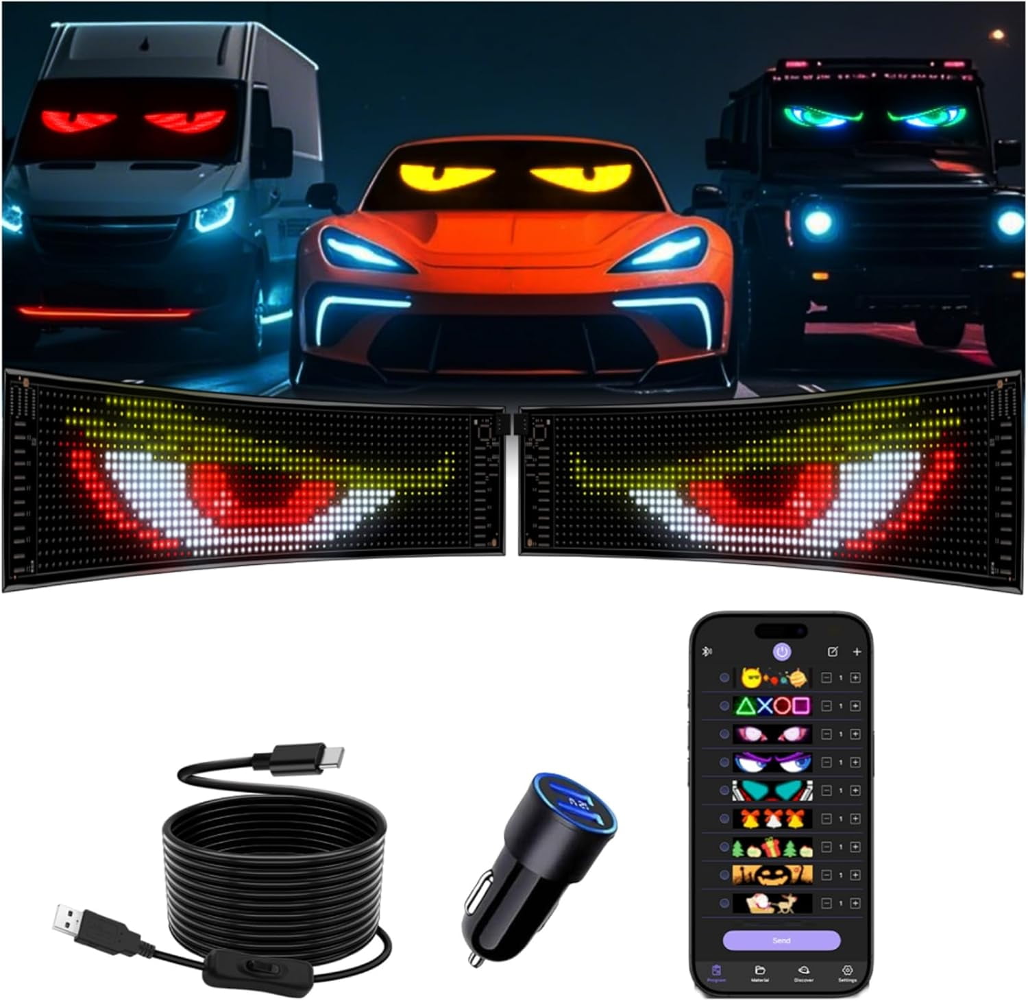 2 PC RGB Devil Eye LED Windshield Lights, Programmable Car LED Display ...