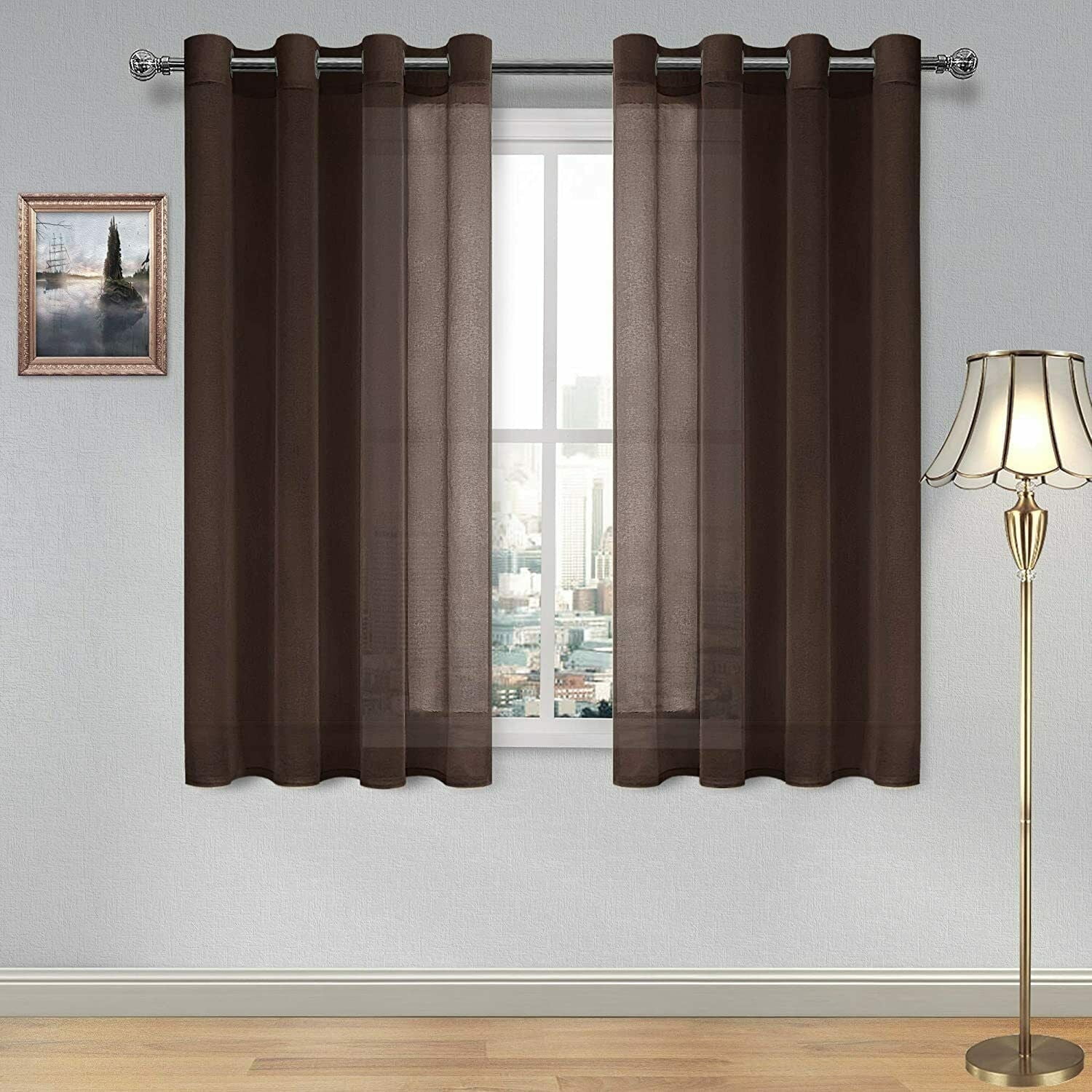 2-PC Set Ruby Brown Solid Sheer Panels Faux Silk with Grommets Window ...