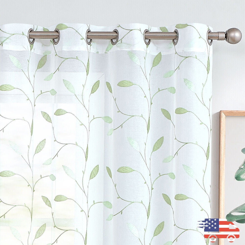 2 PC Voile Embroidered Floral Leaf Sheer Curtains for Living Room ...