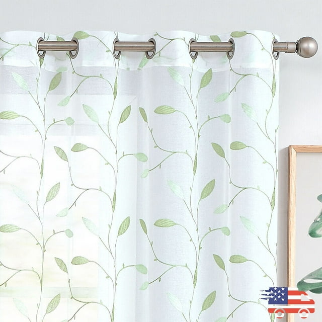 2 PC Voile Embroidered Floral Leaf Sheer Curtains for Living Room ...
