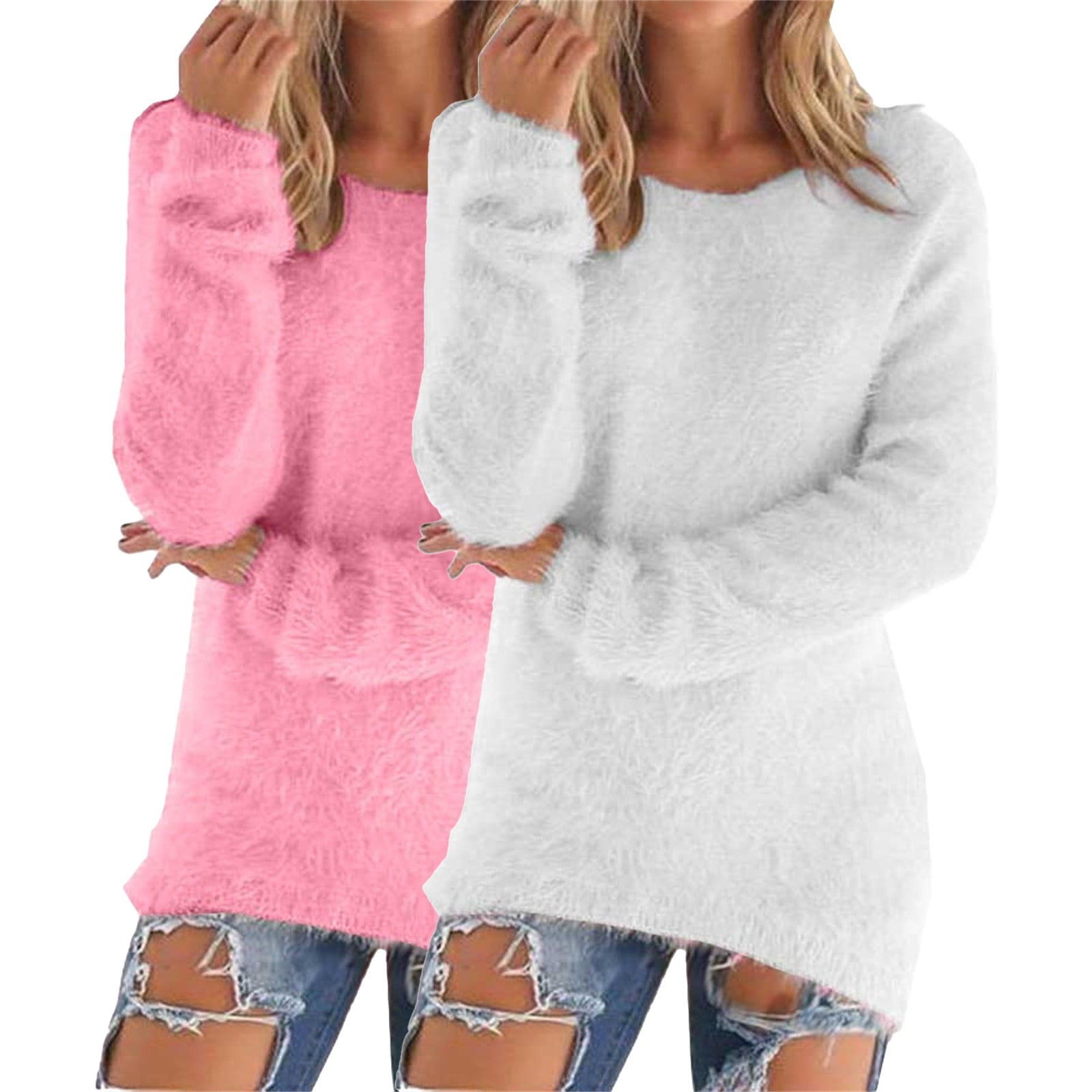 2 PC Women's Plush Fleece Crewneck Sweater, Long Sleeve Fuzzy Pullover ...