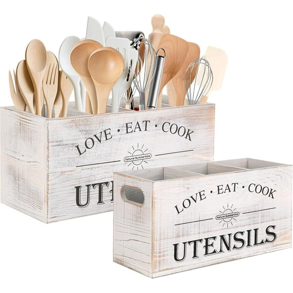 2 PC Wooden Utensil Holder,（With 4-Compartments size*1 + 3-Compartments ...