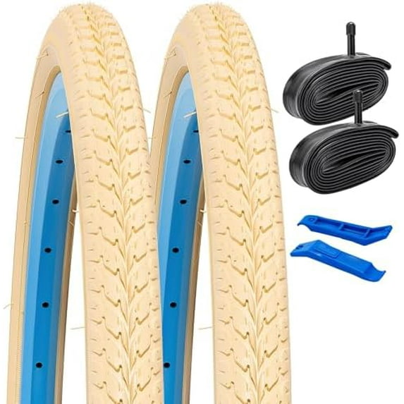 2-PCS 26" Beige Bike Tires 26x1.50/40-559 and 26" Heavy Duty Bike Tubes Schrader Valve ...