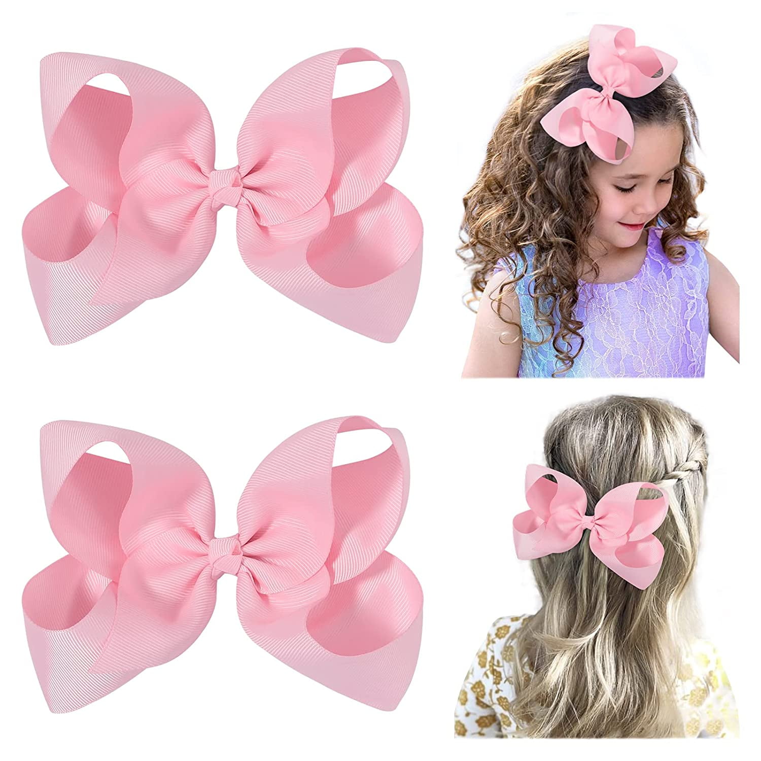 2 PCS 6" Big Hair Bows for Girls Alligator Clips Grosgrain Ribbon Solid ...