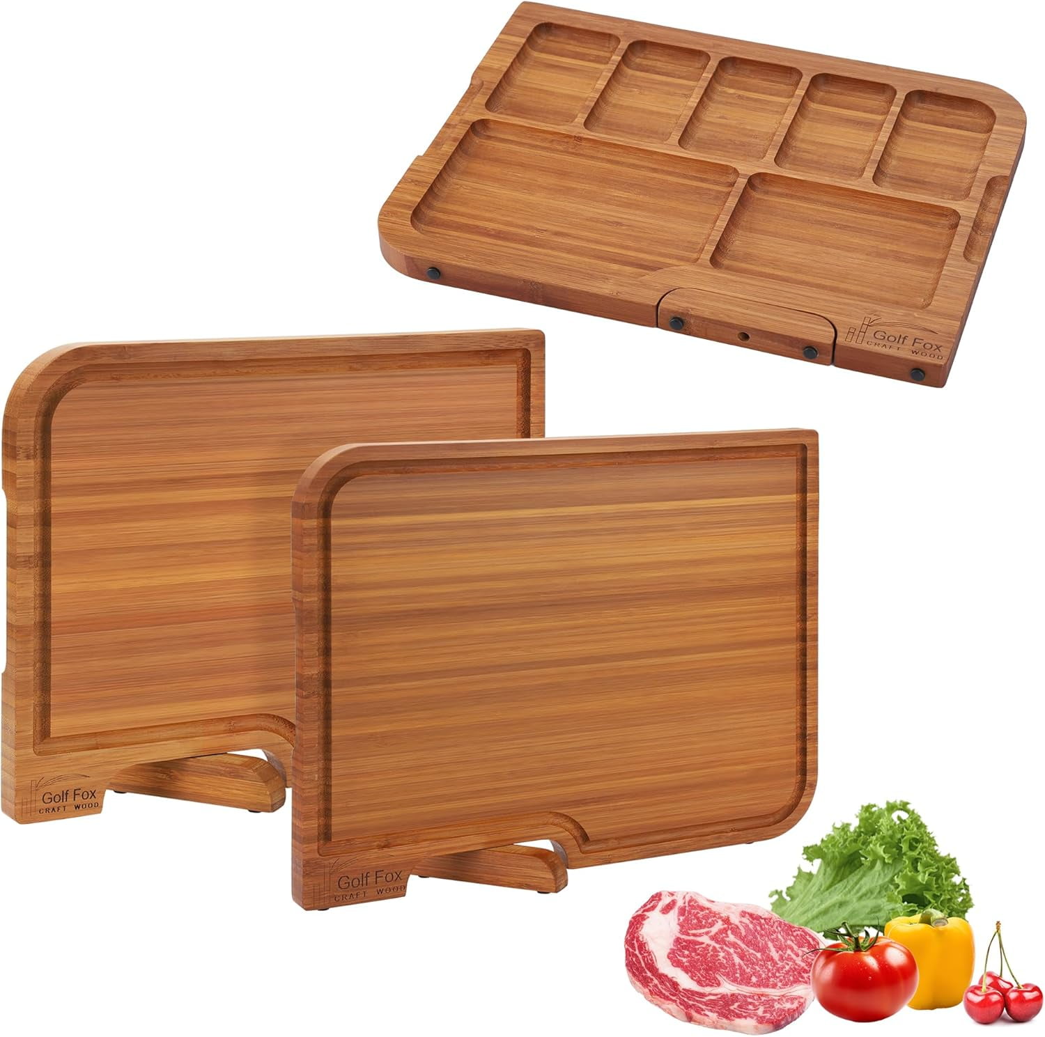 2-PCS Bamboo Cutting Board Set, Wood Cutting Board for Kitchen with ...