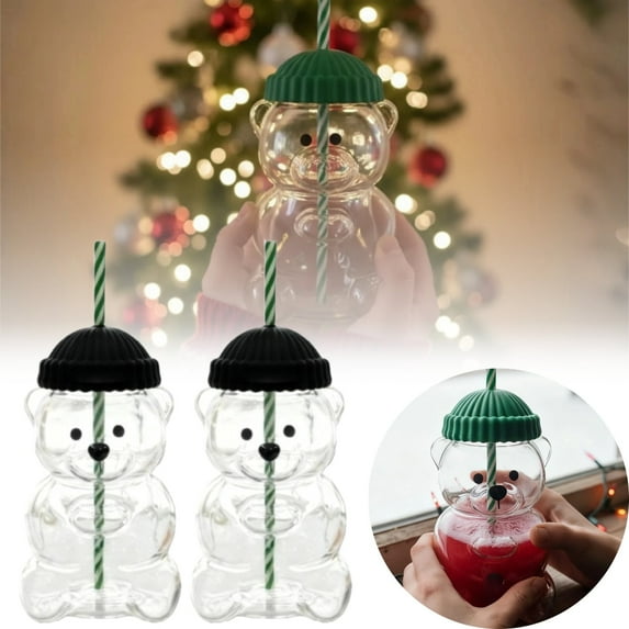 2 PCS Bear Shaped Glass Cup with Straw - Cute Cocktail Glass Water ...