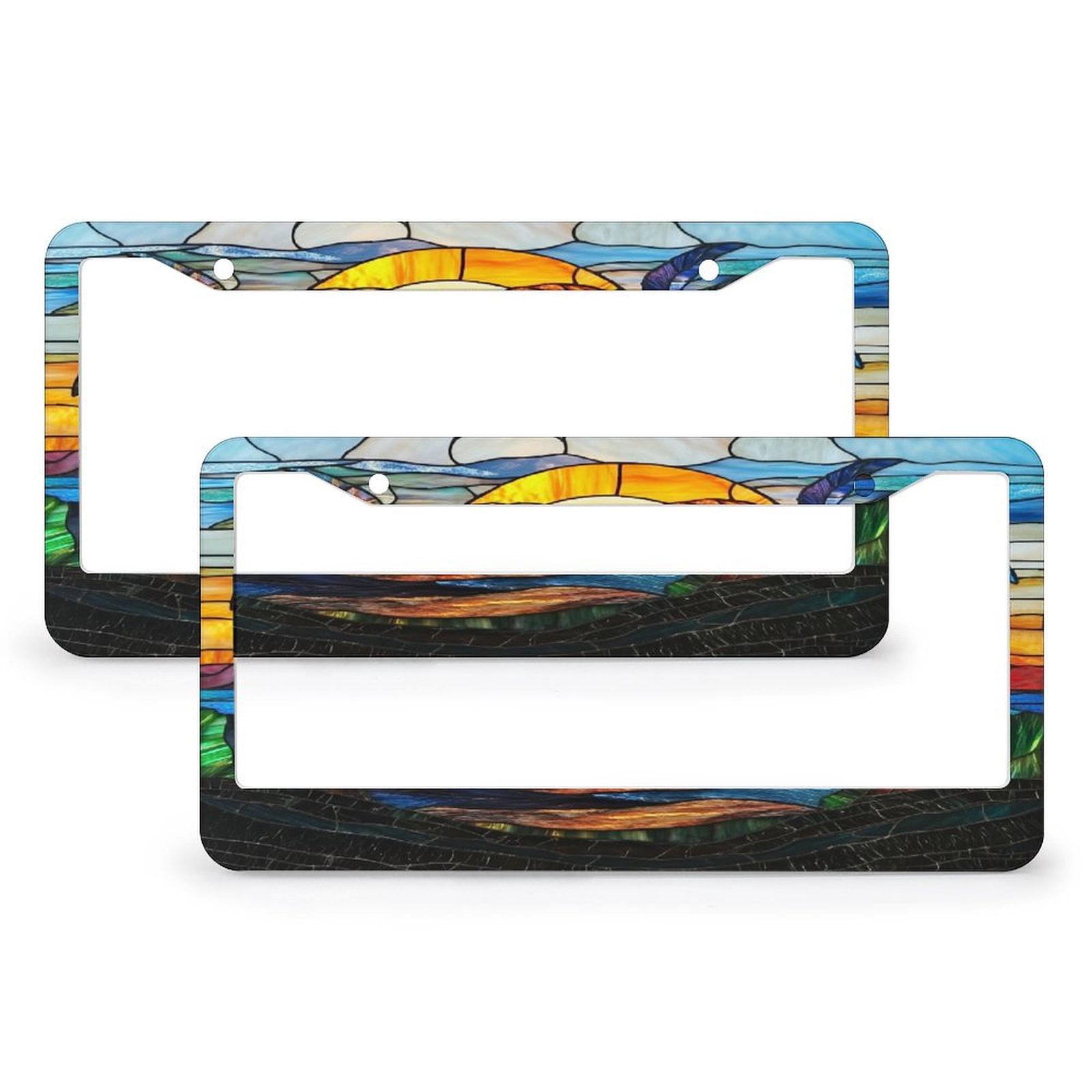 2 PCS Beautiful Beach Scene at Sunrise License Plate Cover Gold Sun ...