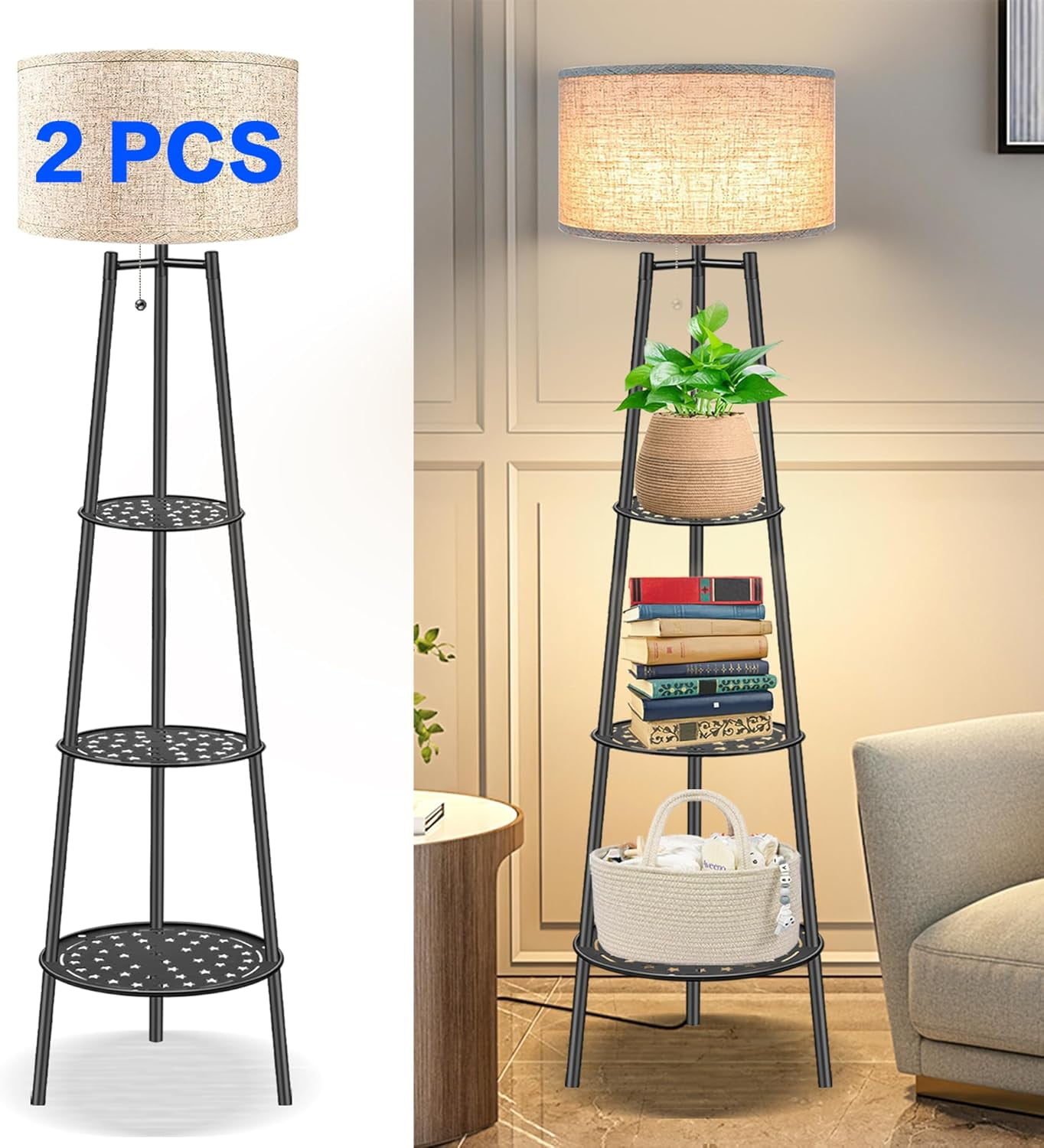 2 PCS Black Floor Lamp with Shelves for Living Room， Standing Lamp，Tall ...