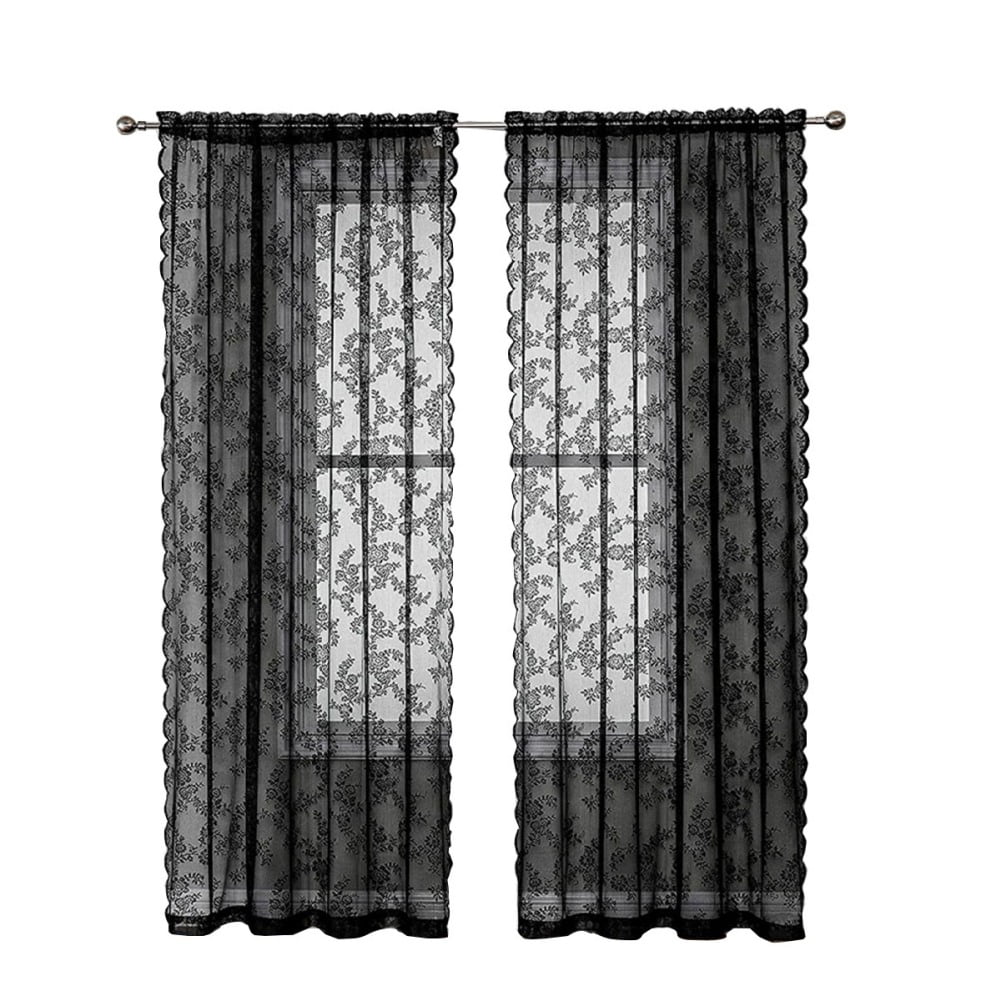 2 PCS Black Sheer Curtains, Semi Transparent Textured Transparent Gauze ...