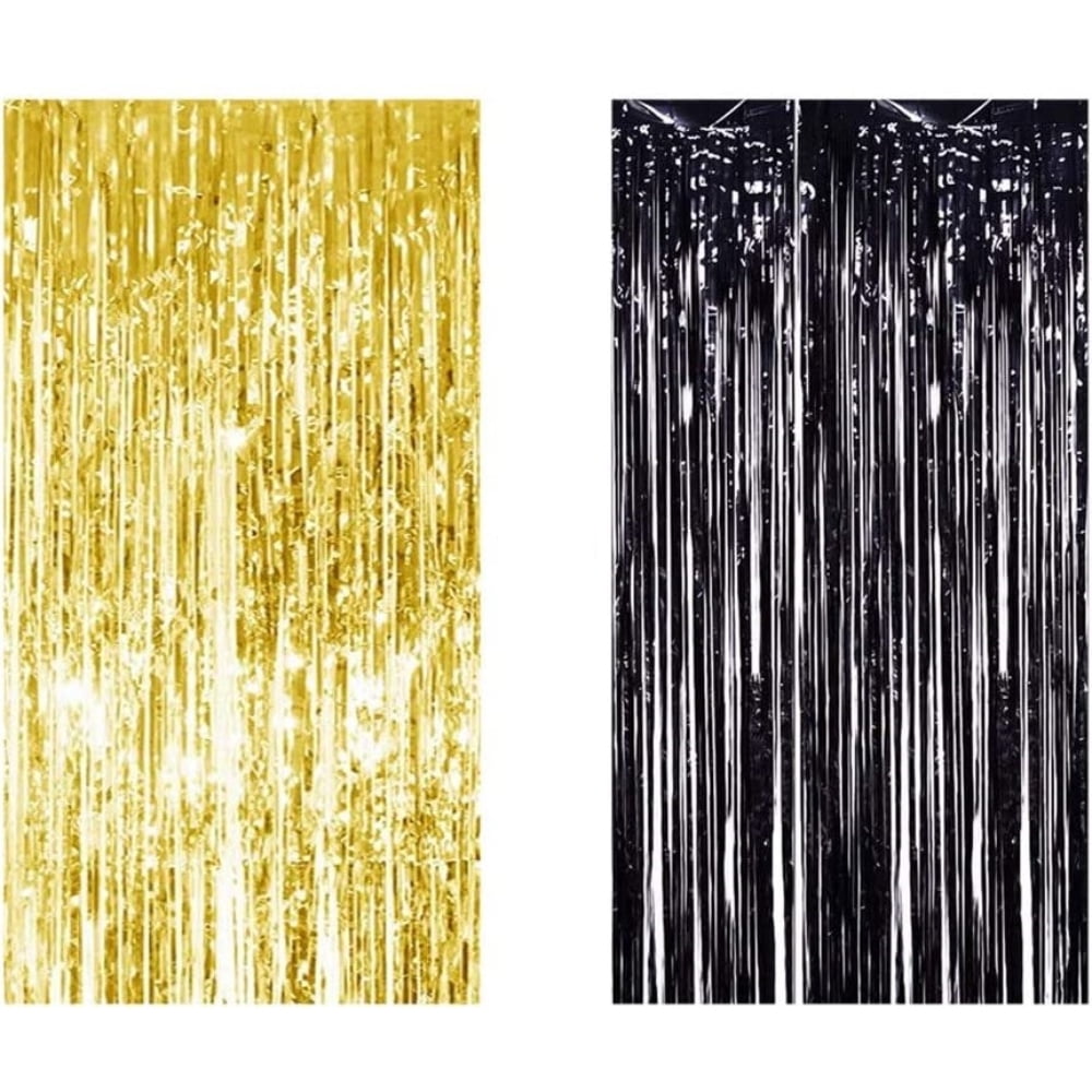 2 PCS Black and Gold Metallic Tinsel Foil Fringe Curtain Backdrop for ...
