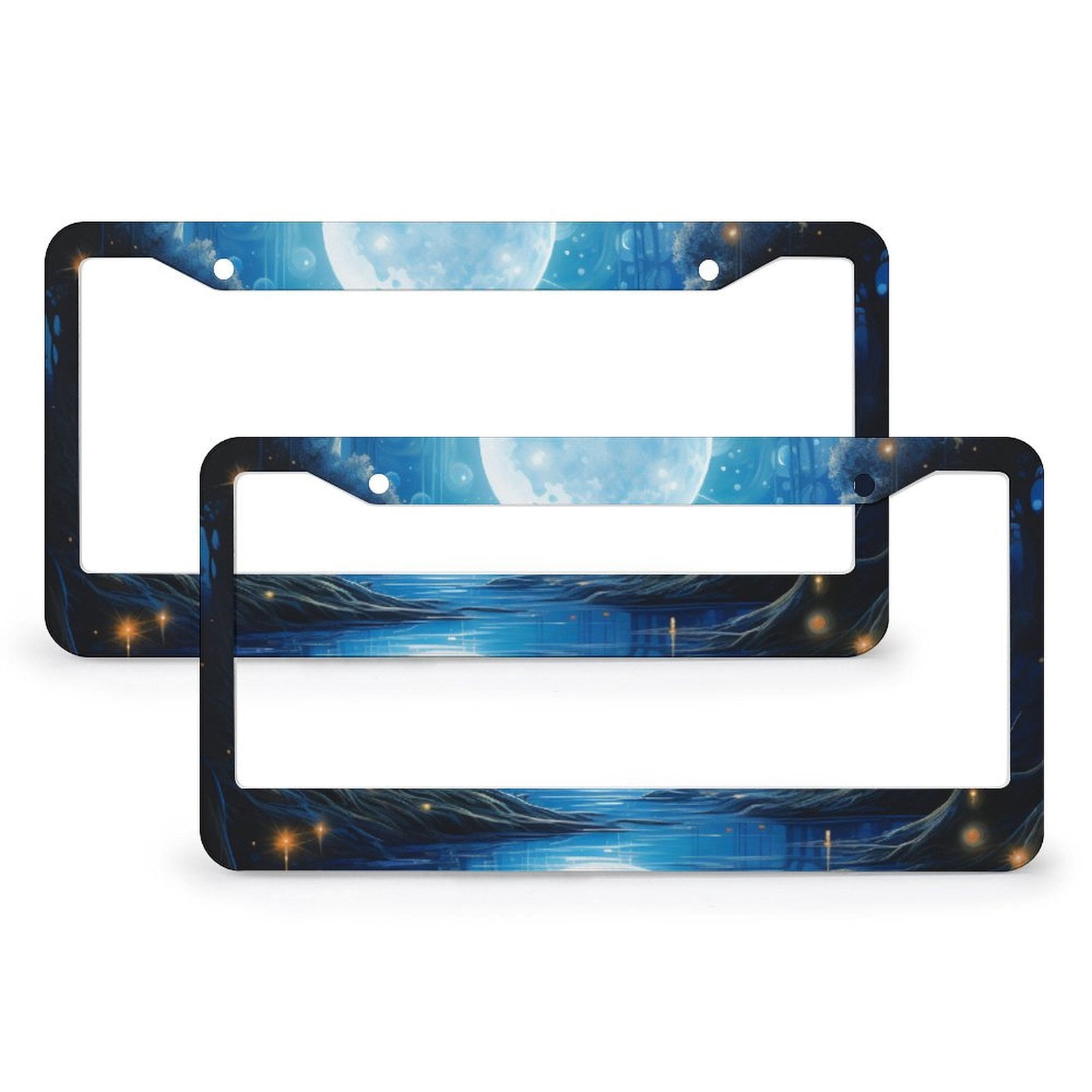 2 PCS Blue Celestial Glow Moon Print License Plate Frames Dark Night ...