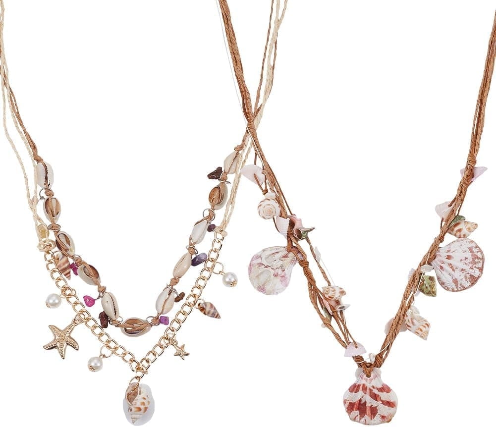 2 PCS Boho Seashell Necklaces for Women Summer Boho Rattan Shell ...