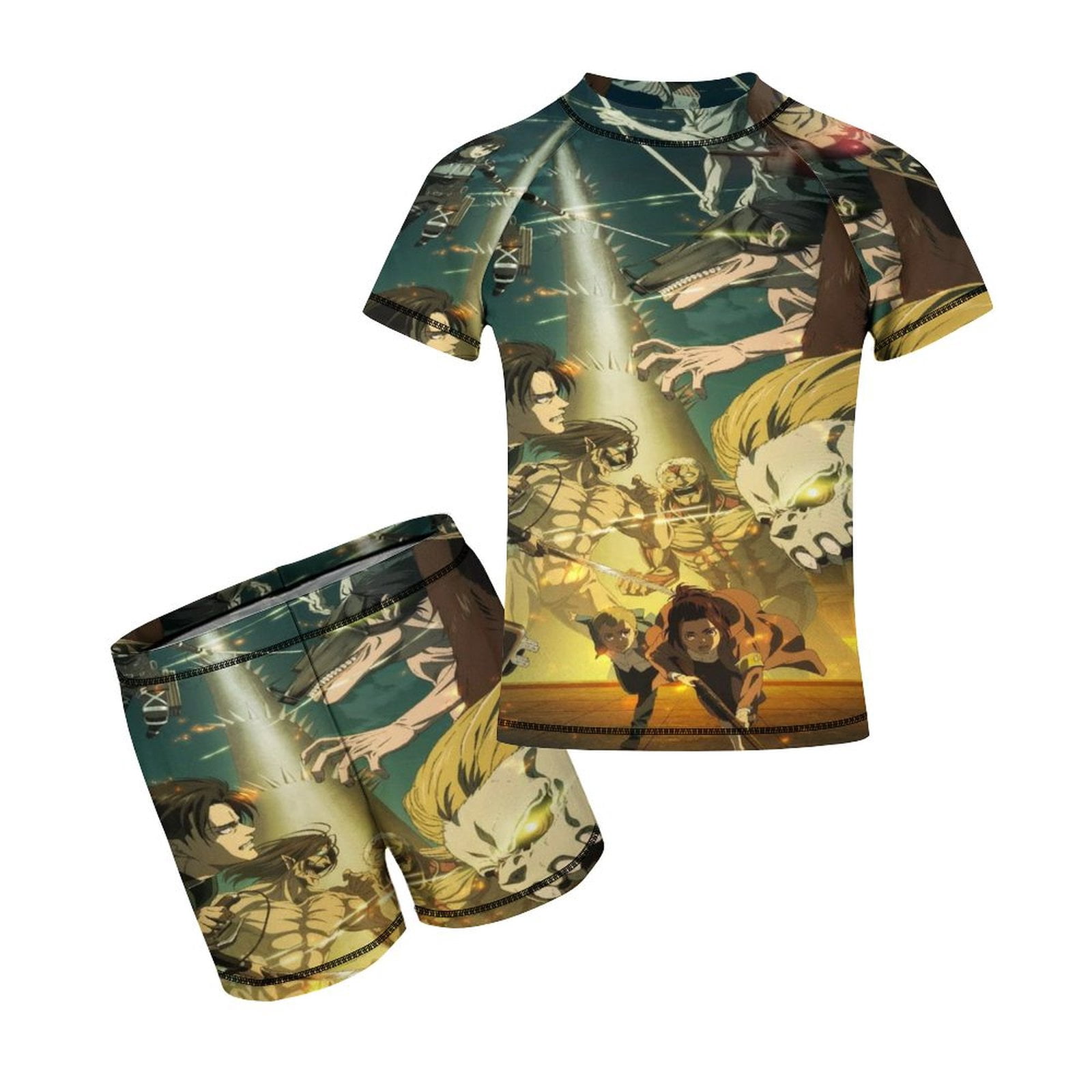 2 PCS Boys Attack On Titan Rash Guard Swimsuit Short Sleeve Swimwear ...