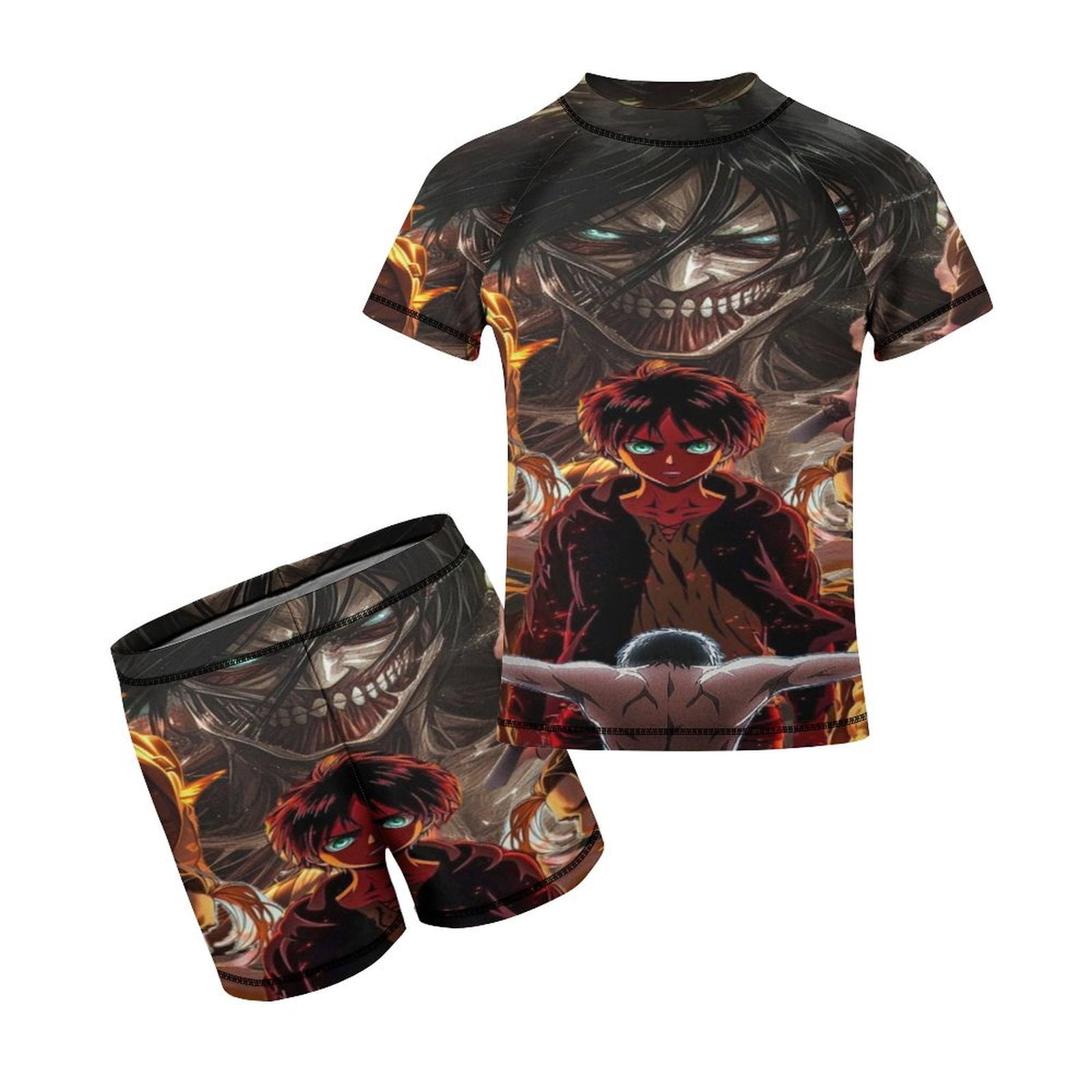 2 PCS Boys Attack On Titan Rash Guard Swimsuit Short Sleeve Swimwear ...