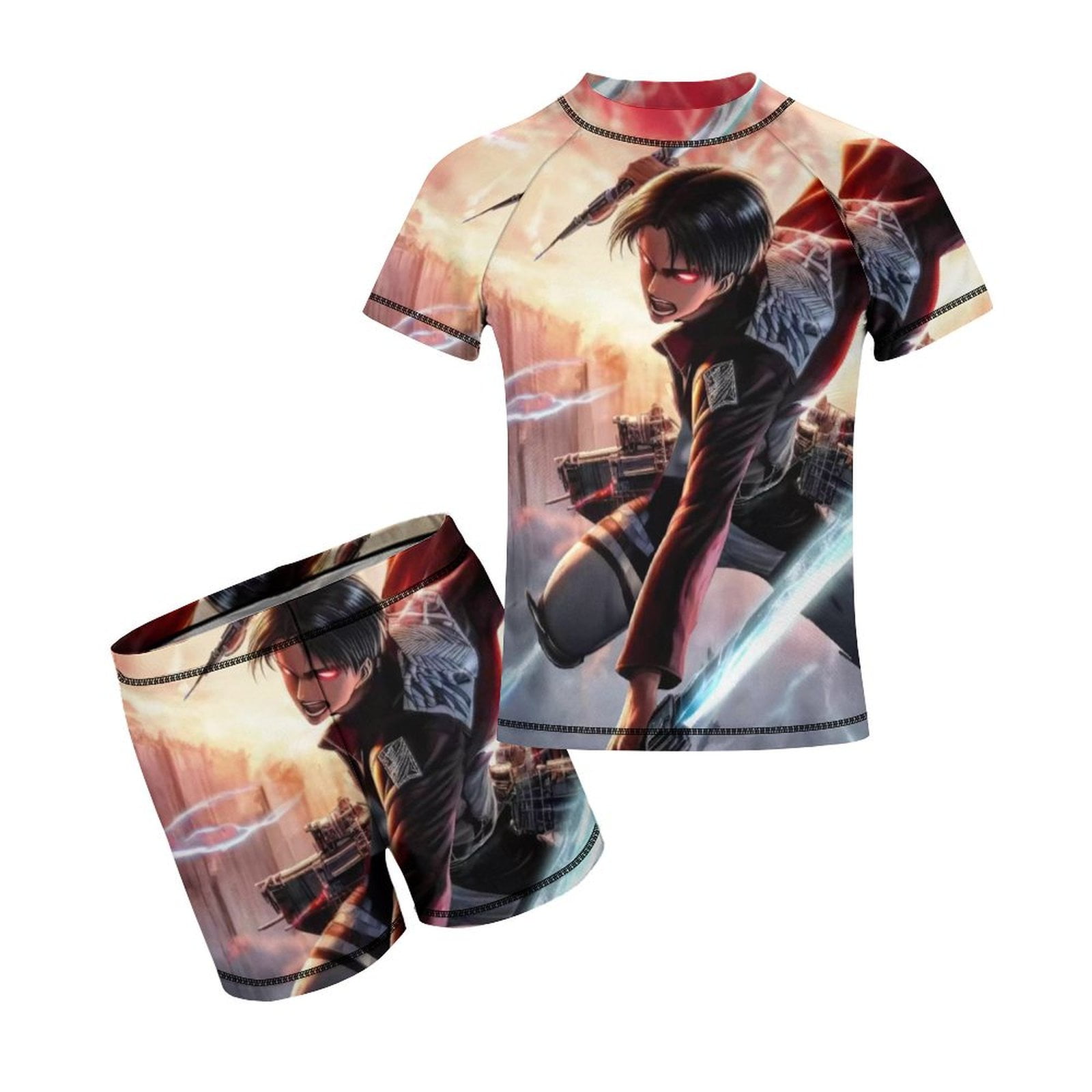 2 PCS Boys Attack On Titan Rash Guard Swimsuit Short Sleeve Swimwear ...