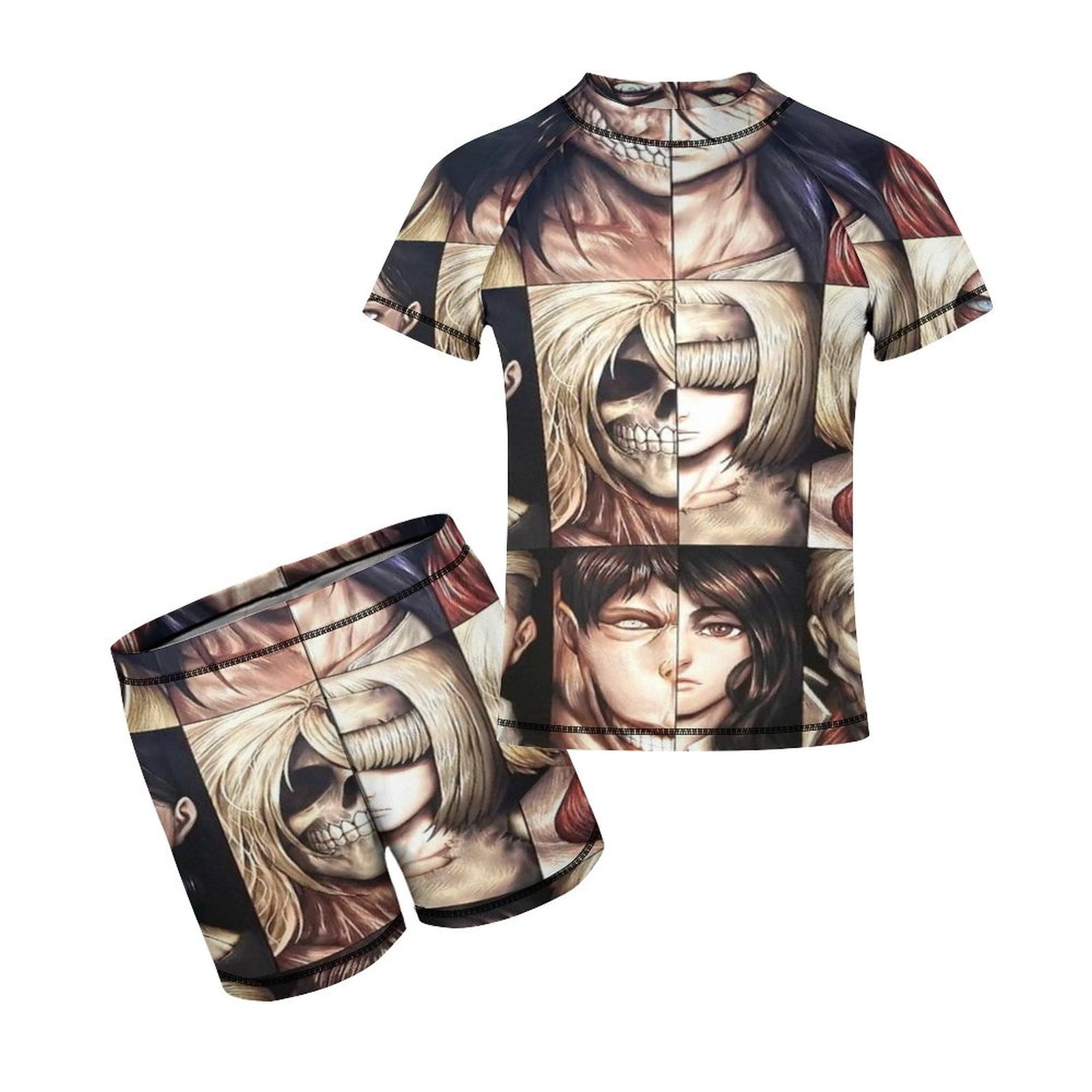 2 PCS Boys Attack On Titan Rash Guard Swimsuit Short Sleeve Swimwear ...