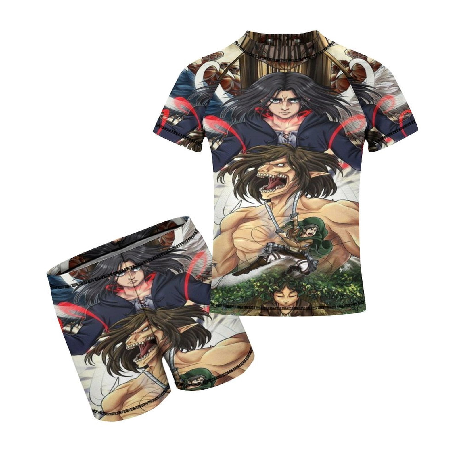 2 PCS Boys Attack On Titan Rash Guard Swimsuit Short Sleeve Swimwear ...