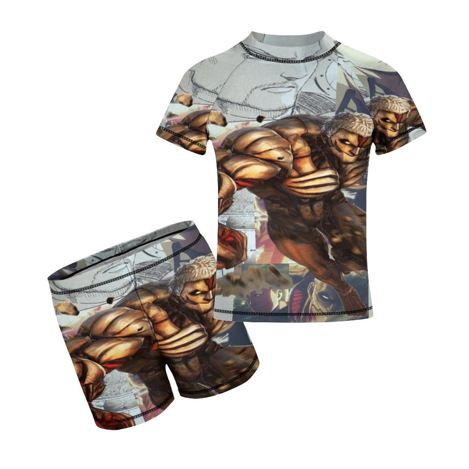 2 PCS Boys Attack On Titan Rash Guard Swimsuit Short Sleeve Swimwear ...