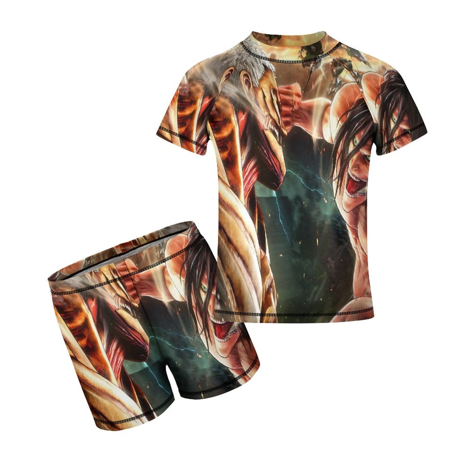 2 PCS Boys Attack On Titan Rash Guard Swimsuit Short Sleeve Swimwear ...