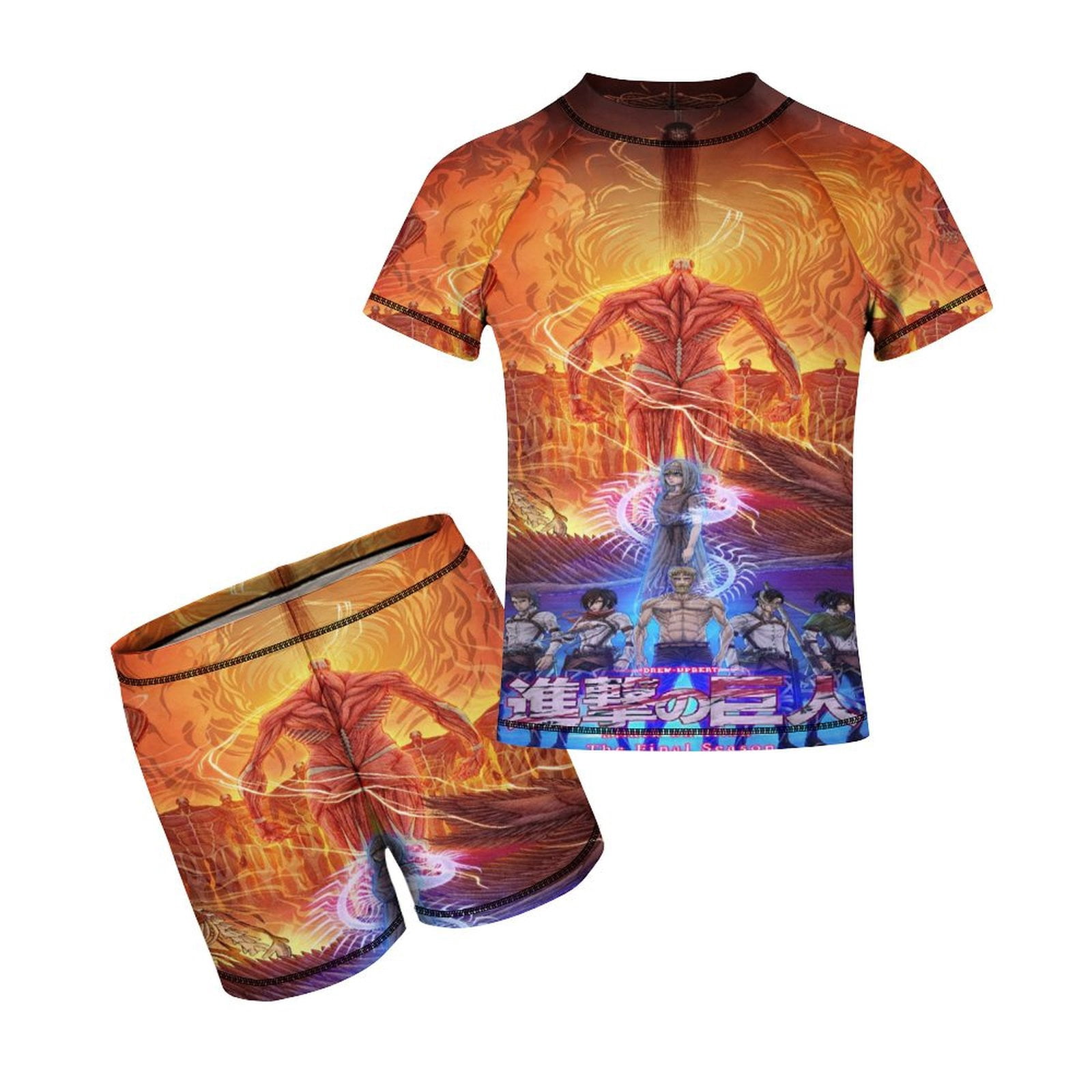 2 PCS Boys Attack On Titan Rash Guard Swimsuit Short Sleeve Swimwear ...