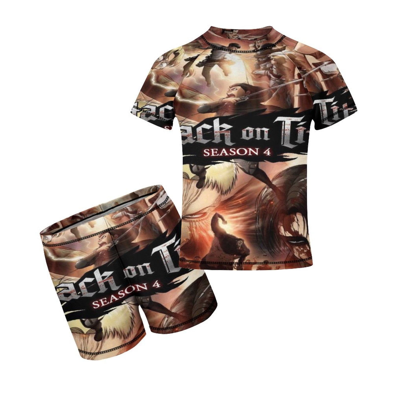 2 PCS Boys Attack On Titan Rash Guard Swimsuit Short Sleeve Swimwear ...