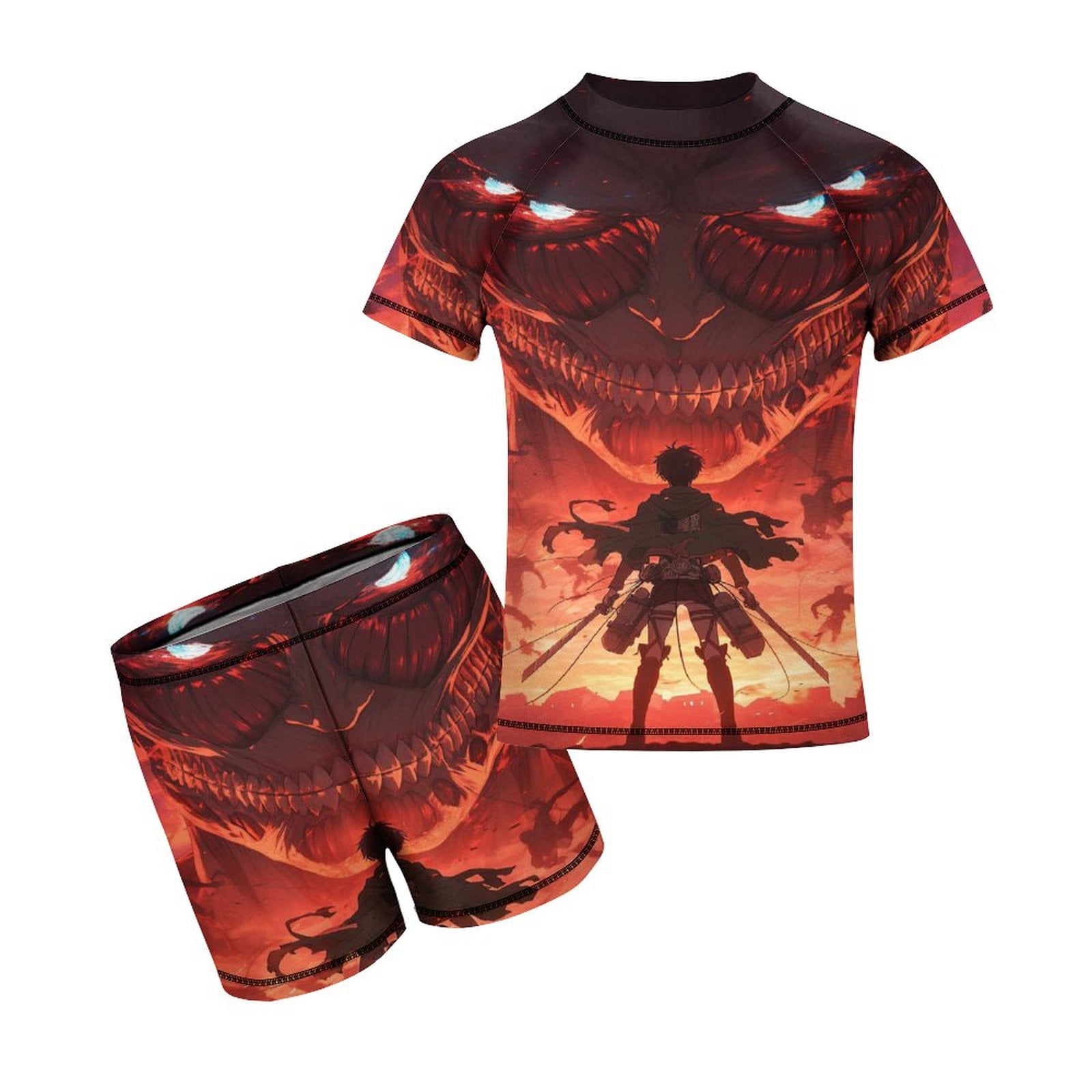 2 PCS Boys Attack On Titan Rash Guard Swimsuit Short Sleeve Swimwear ...