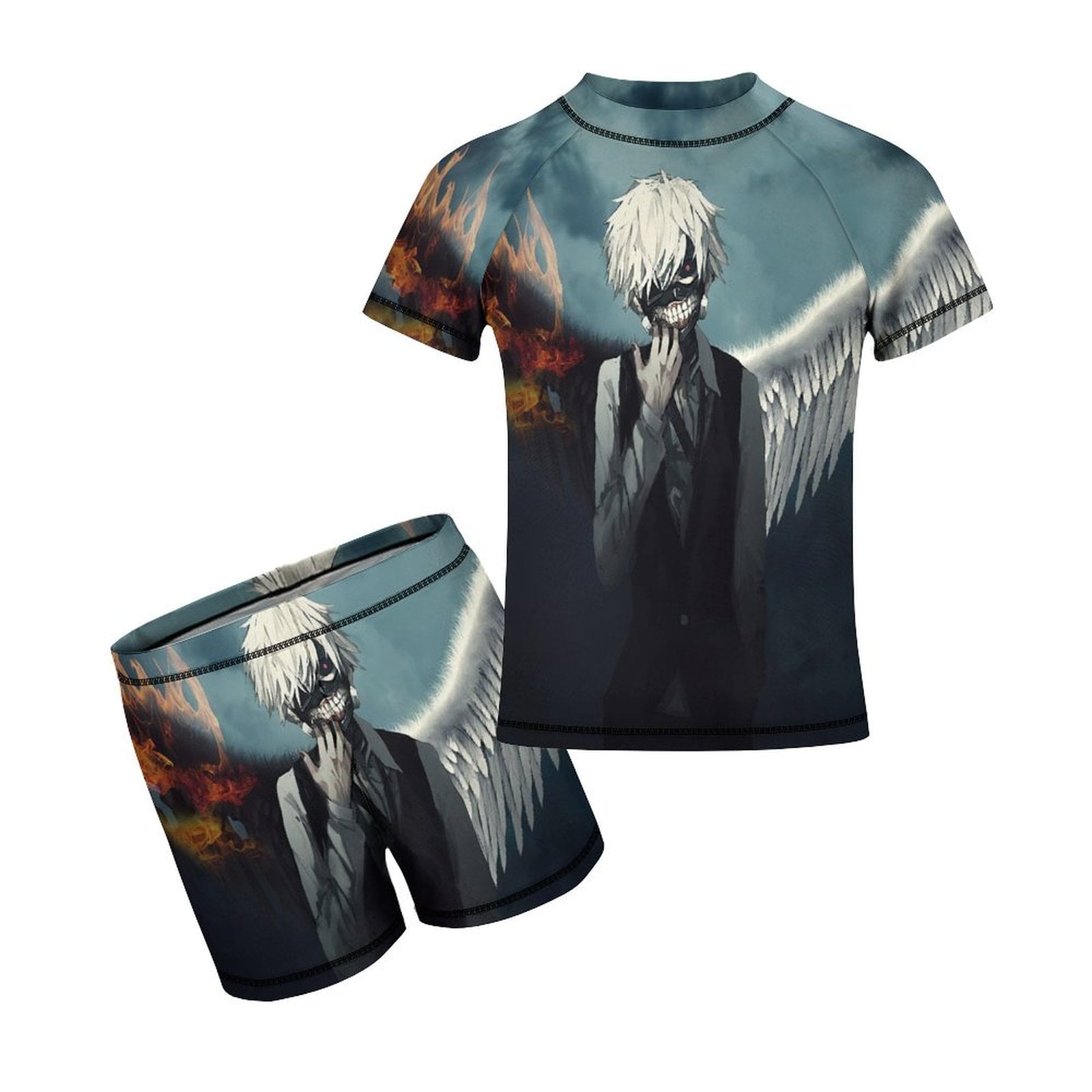 2 PCS Boys Tokyo Ghoul Rash Guard Swimsuit Short Sleeve Swimwear Sets ...