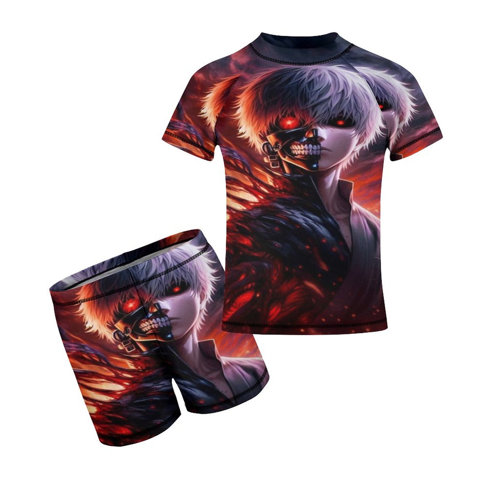 2 PCS Boys Tokyo Ghoul Rash Guard Swimsuit Short Sleeve Swimwear Sets ...