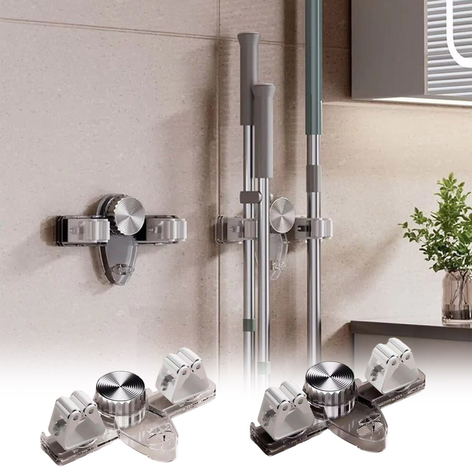2 PCS Broom Hanger Mop Hanger, Wall Mount Mop Grippers, No Punching ...