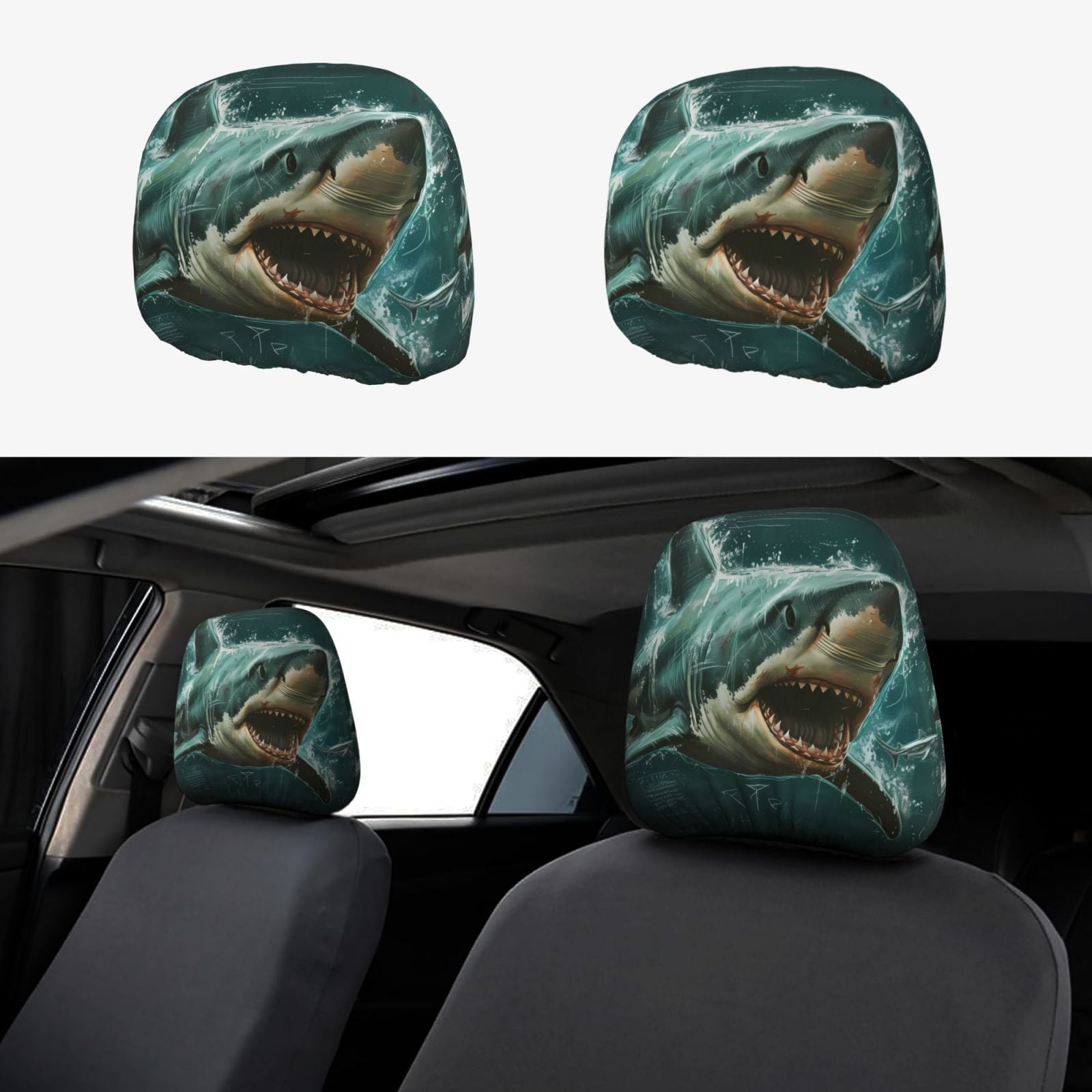 2 PCS Car Headrest Cover, Abstract Geometric Shark Soft Car Seat Head ...