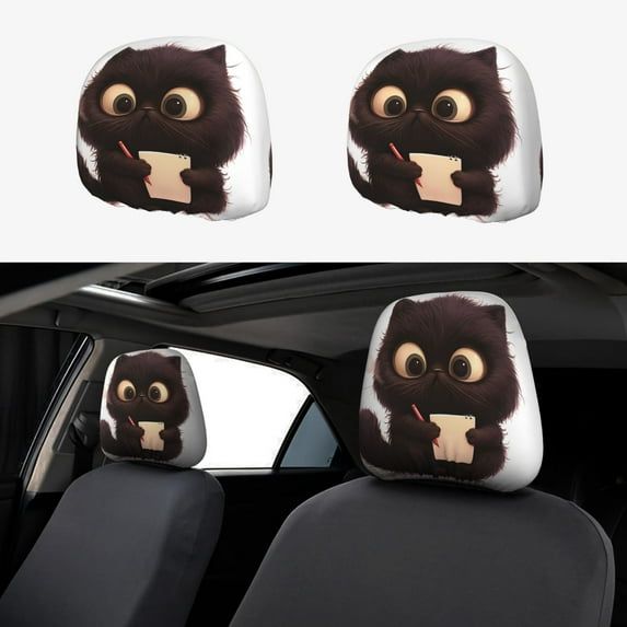 2 PCS Car Headrest Cover, Adorable Black Kitten Drawing Soft Car Seat ...