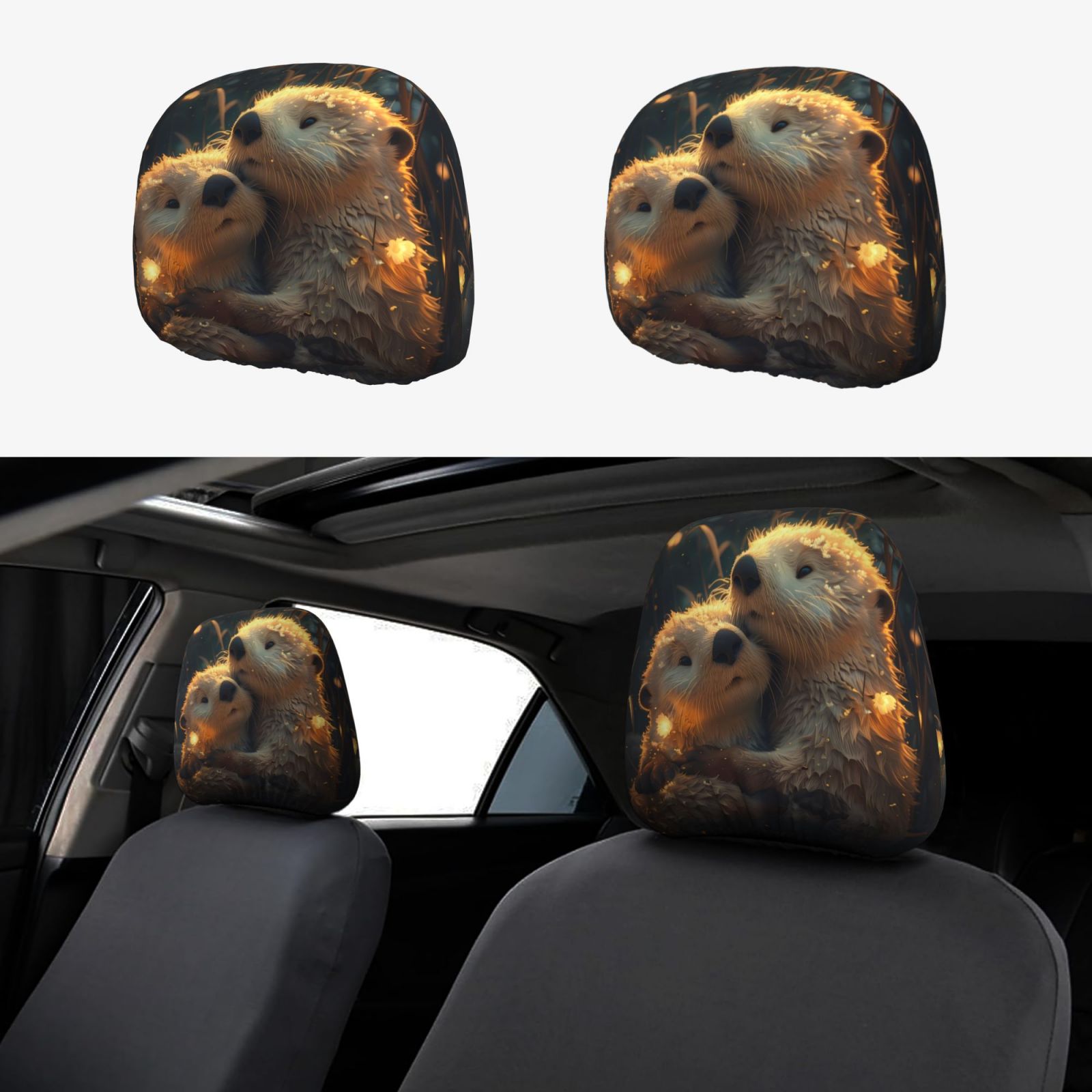 2 PCS Car Headrest Cover, Adorable Otter Pair Hug Soft Car Seat Head ...
