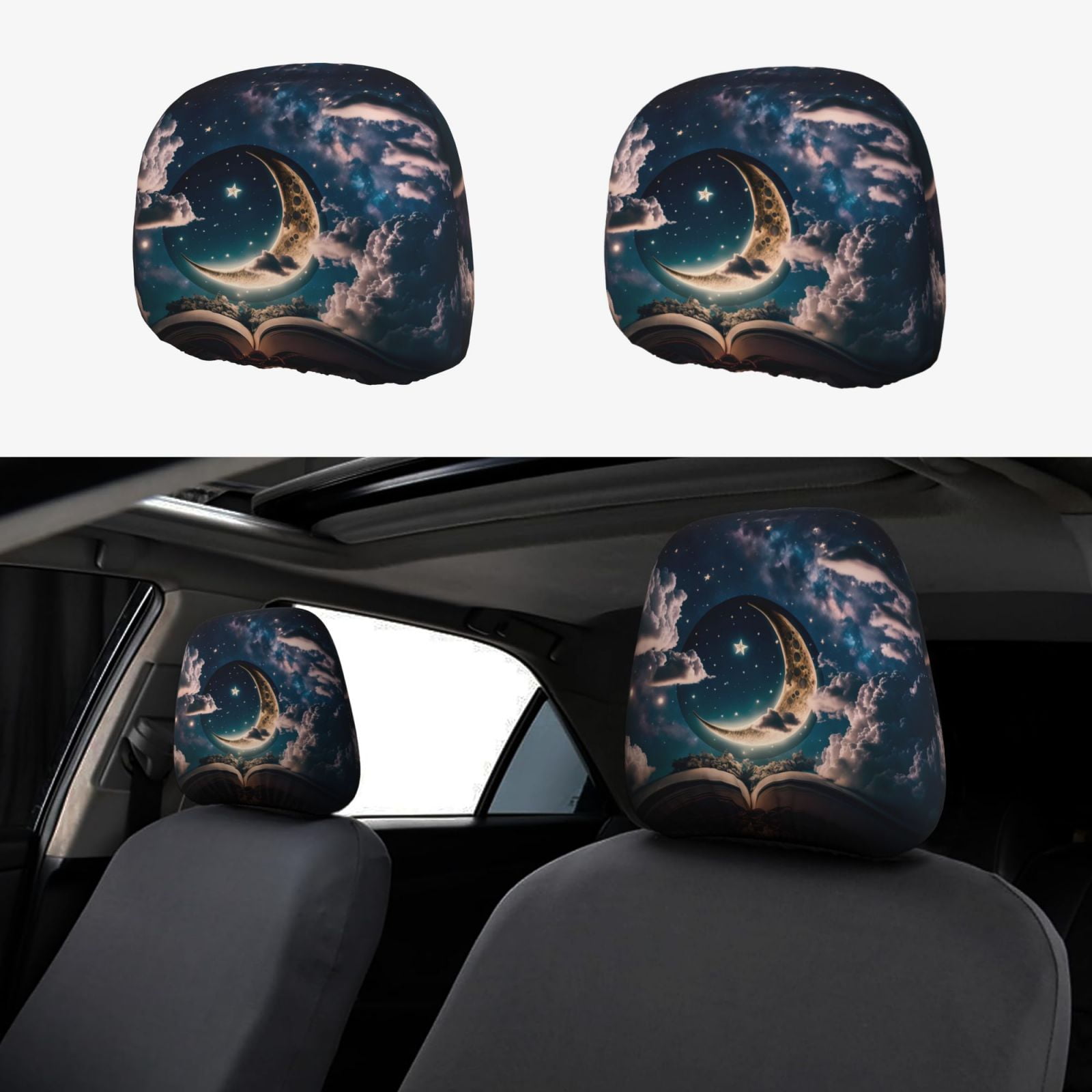 2 PCS Car Headrest Cover, Artistic Starry Sky Moon Book Soft Car Seat ...
