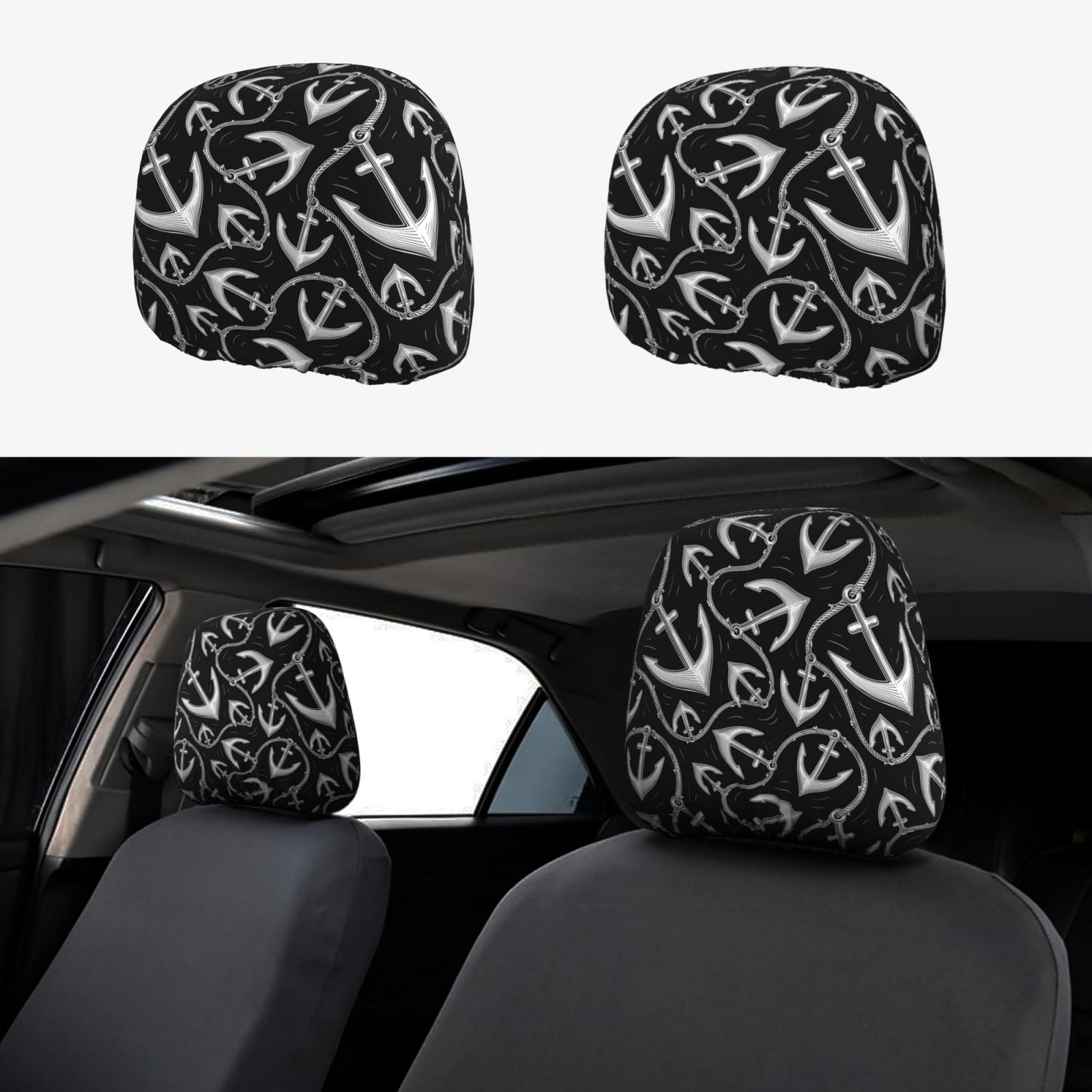 2 PCS Car Headrest Cover, Black White Anchor cool Soft Car Seat Head ...